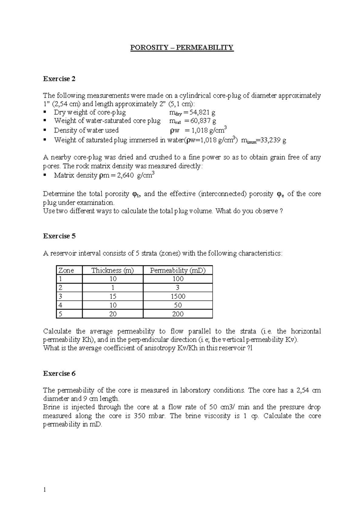 Exos 1 - porosity and permeability exercise - POROSITY ñ PERMEABILITY ...