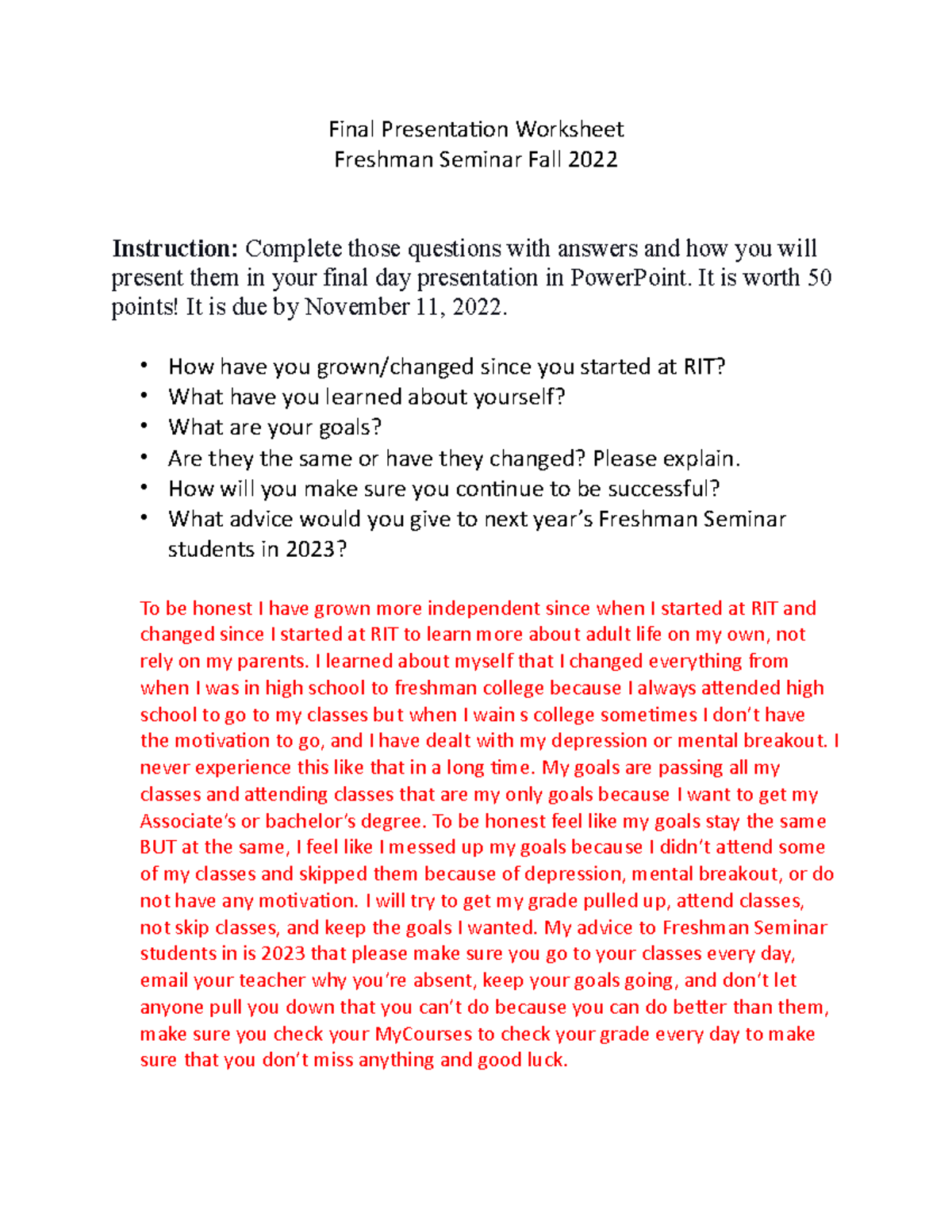 FS Final Presentation Worksheet - Final Presentation Worksheet Freshman ...