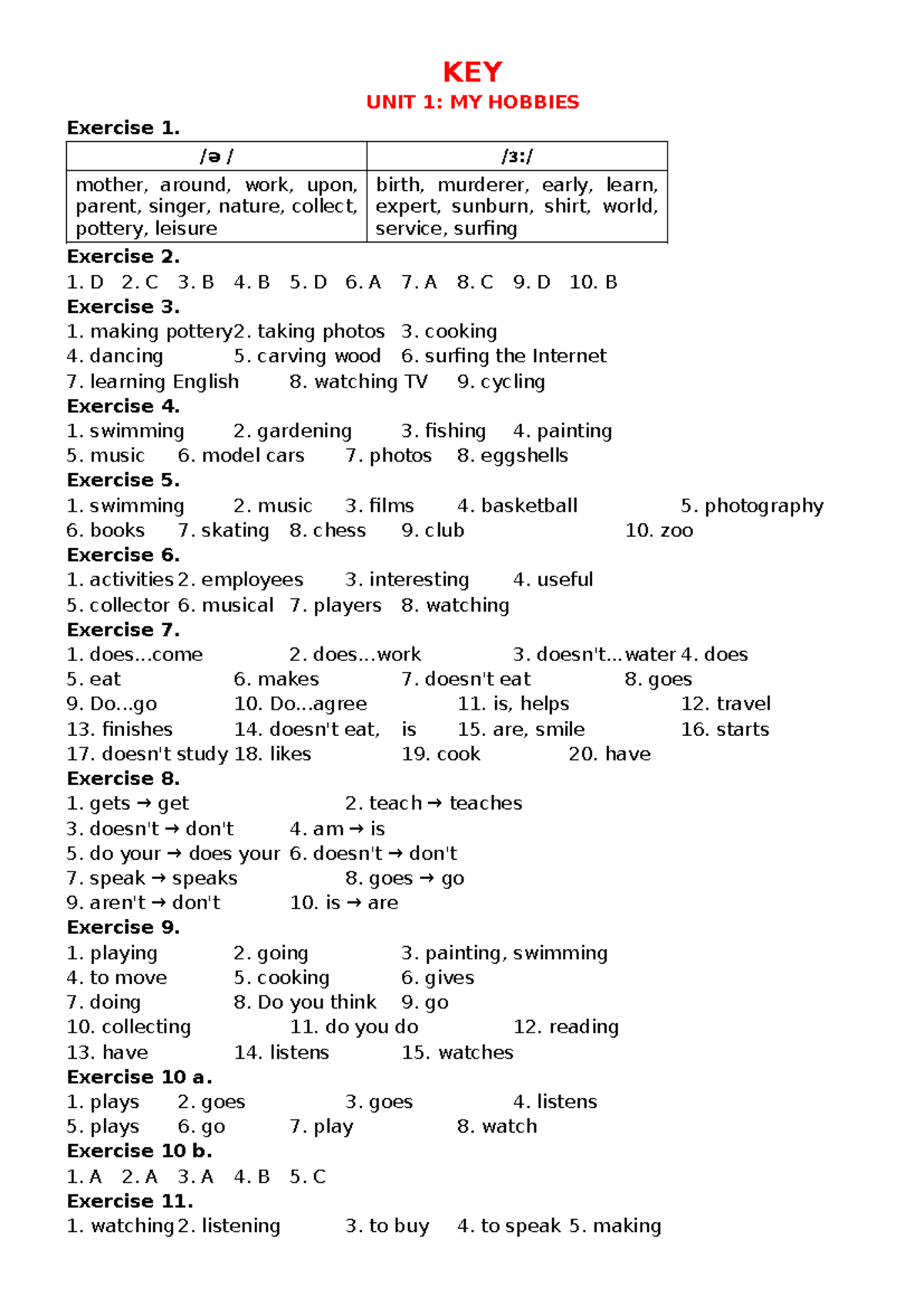 UNIT 1 - KEY - key yes dom dom - KEY UNIT 1: MY HOBBIES Exercise 1. /ə ...