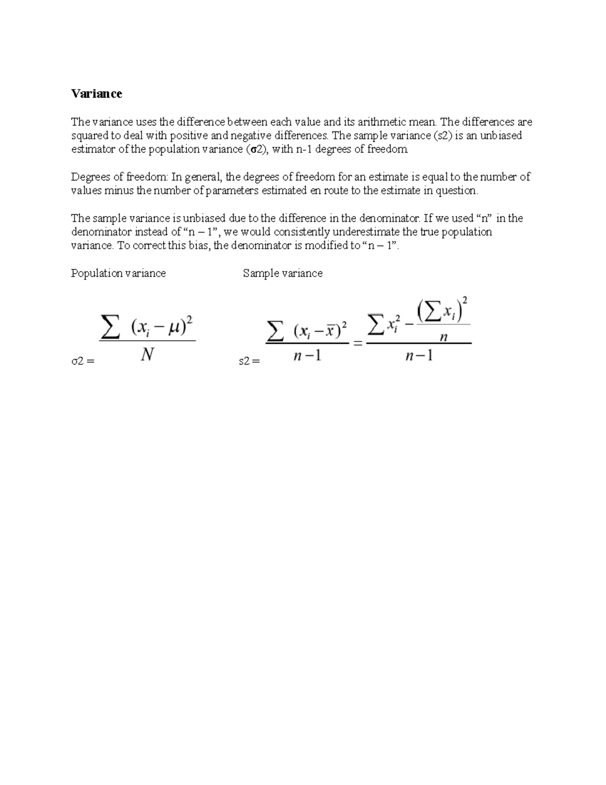 Variance - Class note - Variance The variance uses the difference ...