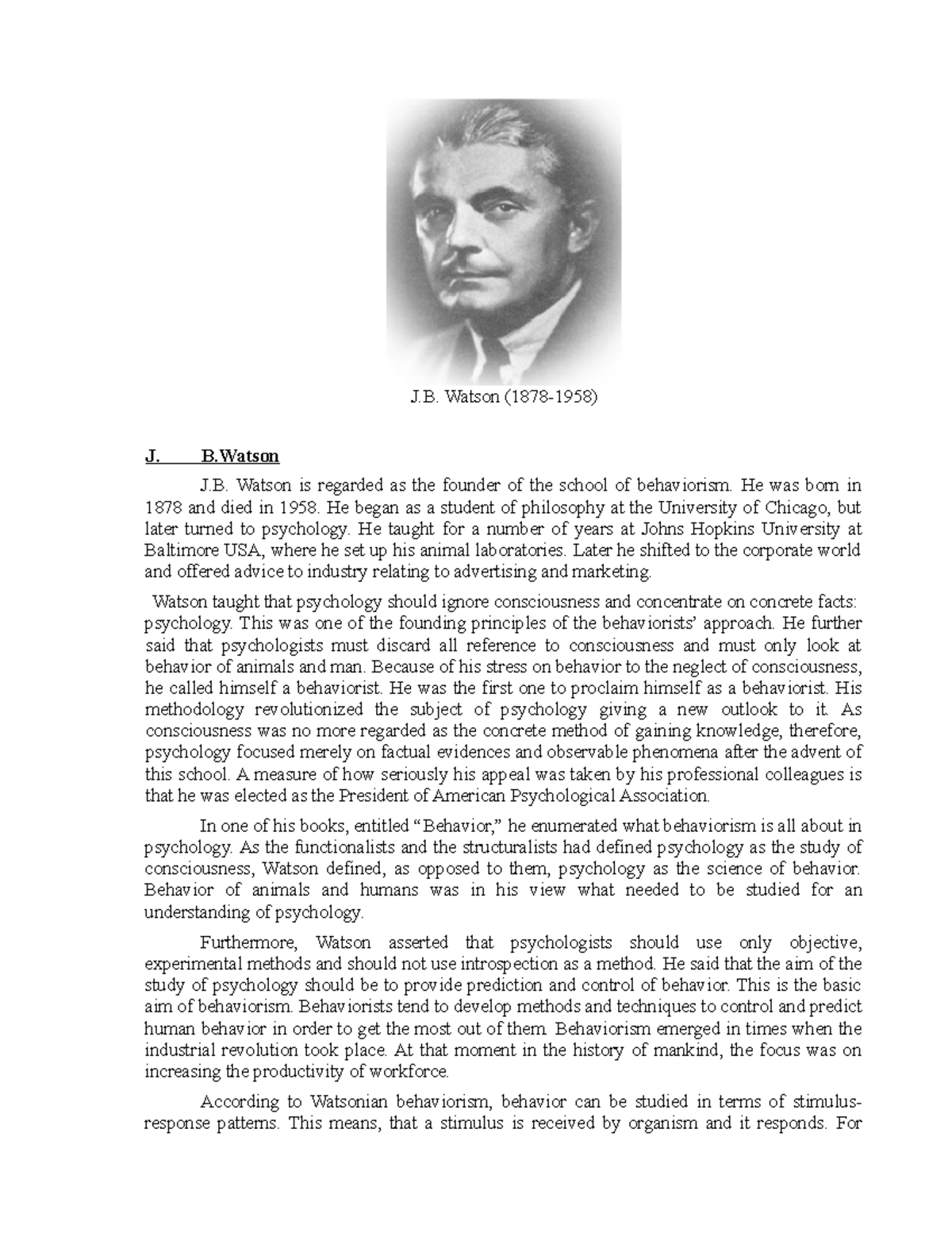 Ch06 Waston - Modern-Psychology - J. Watson (1878-1958) J. B J. Watson ...