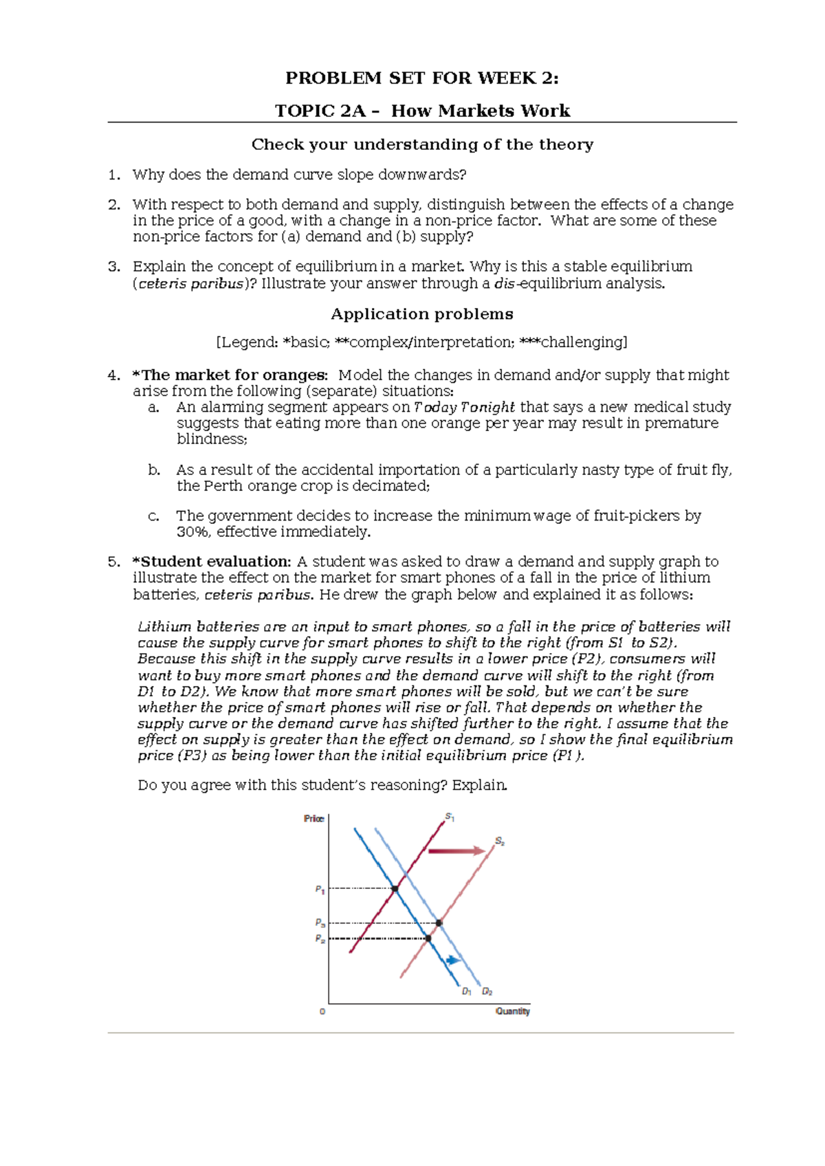 Problem set week 2 - PROBLEM SET FOR WEEK 2: TOPIC 2A – How Markets Work Check your ...