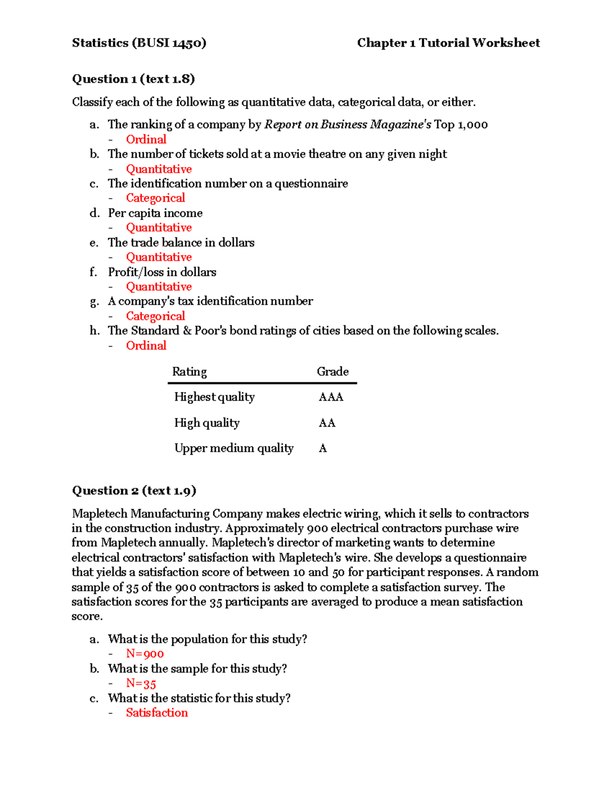 Chapter 1 - tutorial - Lecture notes 1 - Statistics (BUSI 1450) Chapter ...