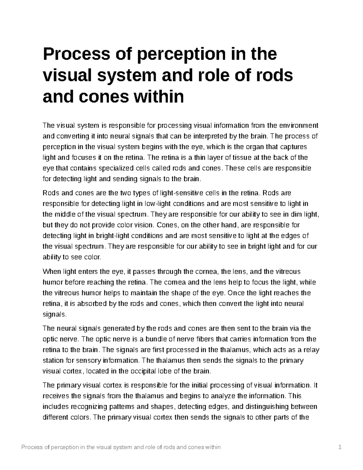 Process of perception in the visual system and role of rods and cones ...