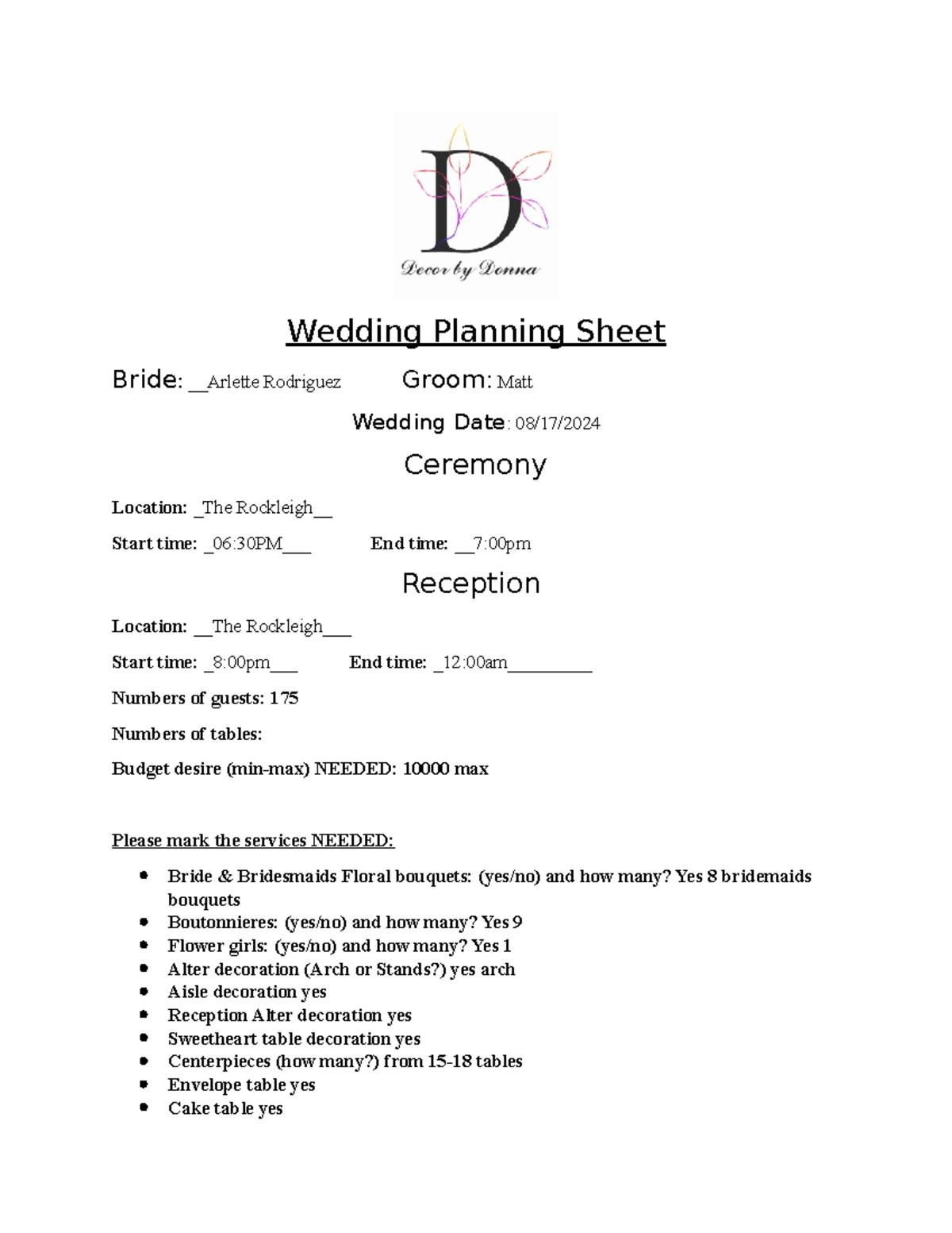 New Wedding Planning Sheet - Wedding Planning Sheet Bride: __Arlette ...