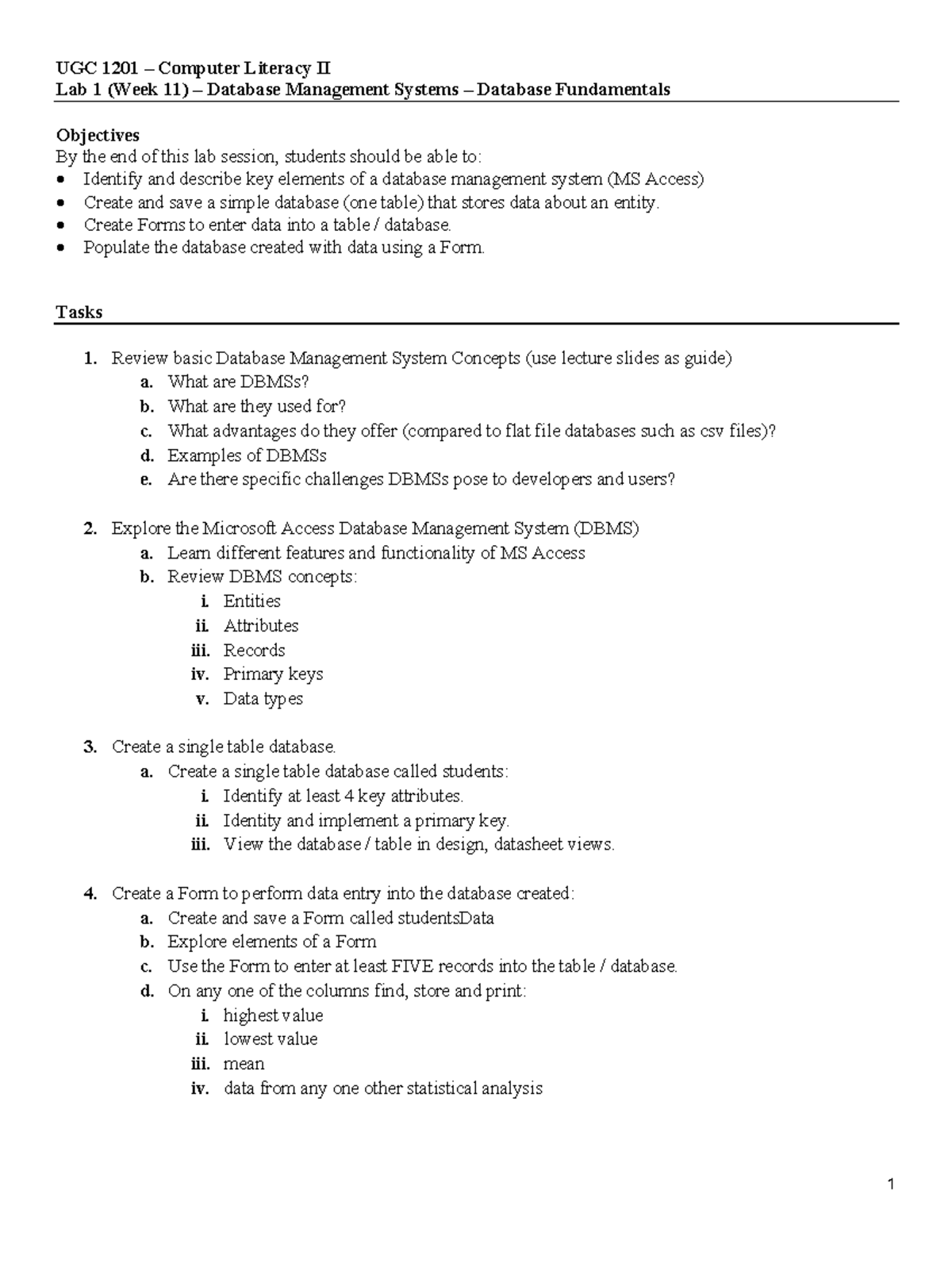 UGC 1201 2024 DBMS Lab 1 - Database Fundamentals - 1 UGC 1201 – Computer Literacy II Lab 1 (Week ...