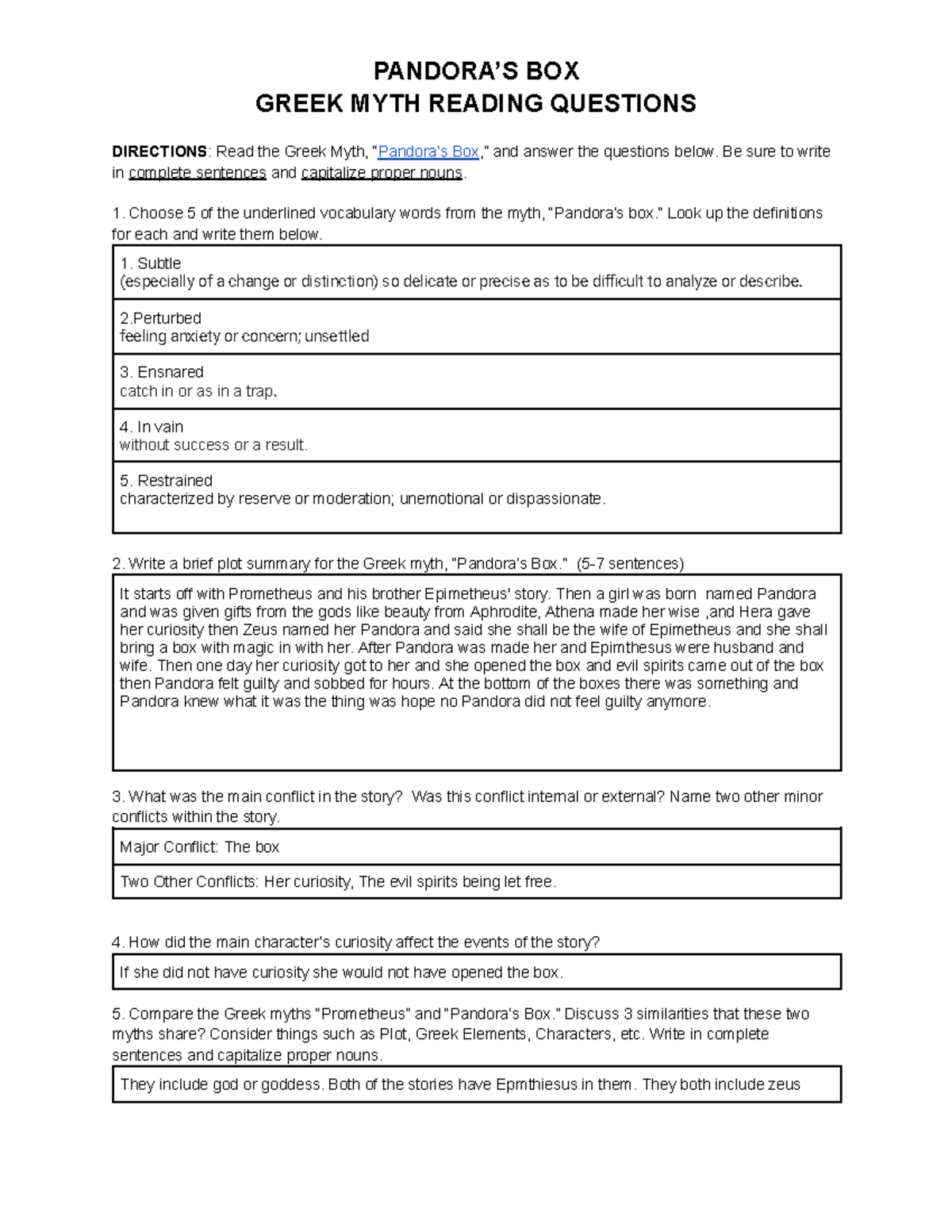 Copy of Pandora'S BOX Reading Quesitons - PANDORA’S BOX GREEK MYTH READING QUESTIONS DIRECTIONS ...