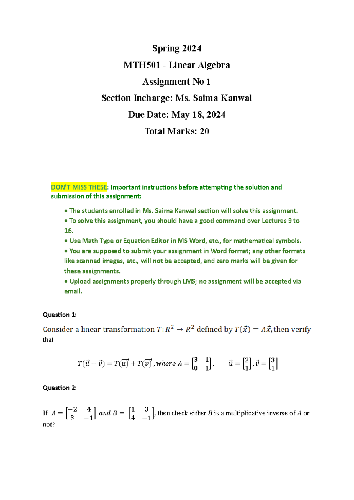 MTH501-1 - assignmnt - Spring 202 4 MTH501 - Linear Algebra Assignment ...