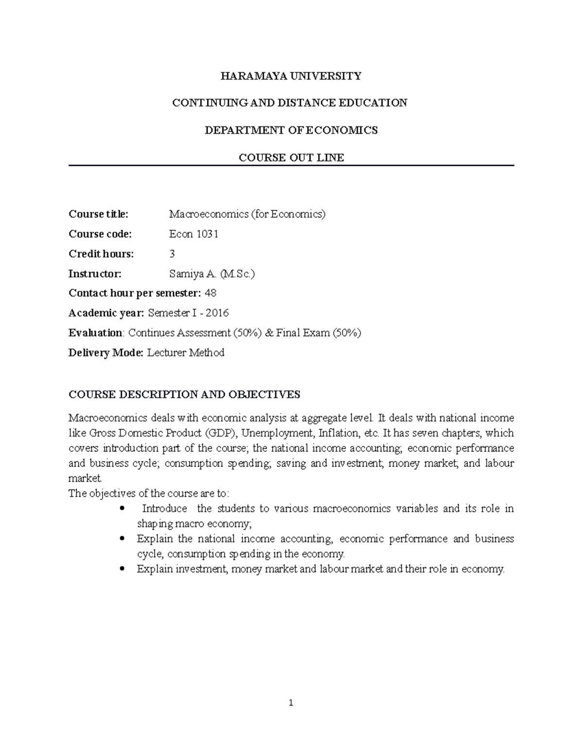 Macro Outline Assignment Haramaya University Continuing And Distance Education Department Of