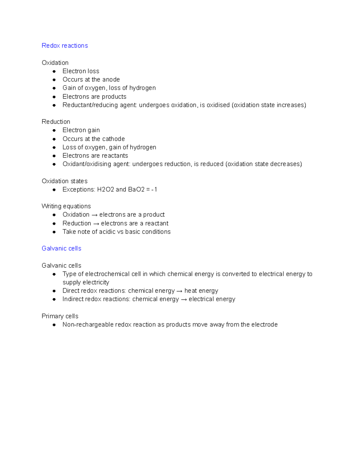 Redox reactions + galvanic cells - Redox reactions Oxidation Electron ...