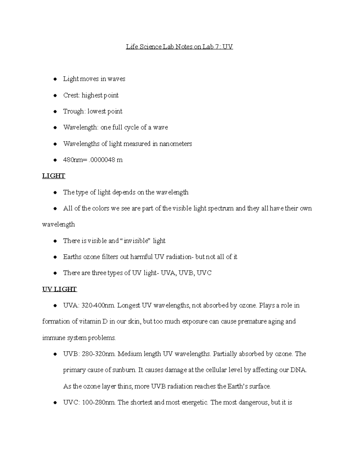 Life Science Lab Notes on Lab 7 UV - 0000048 m LIGHT The type of light ...
