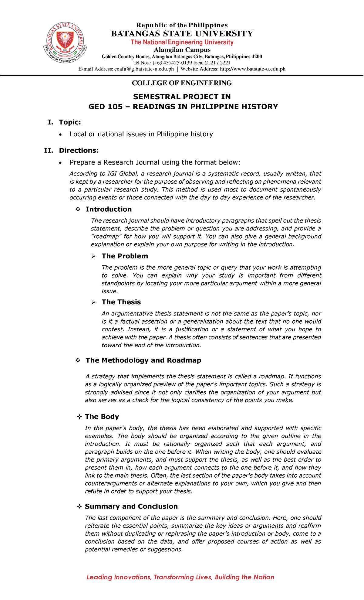 Semestral Project Guidelines - Republic of the Philippines BATANGAS ...