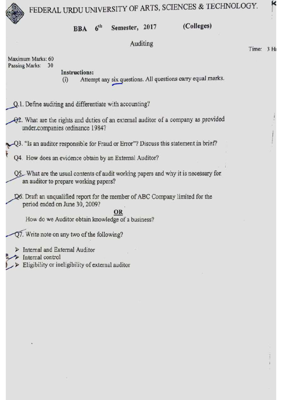 Auditing BBA Exam past papers - Busniess Administration - Studocu