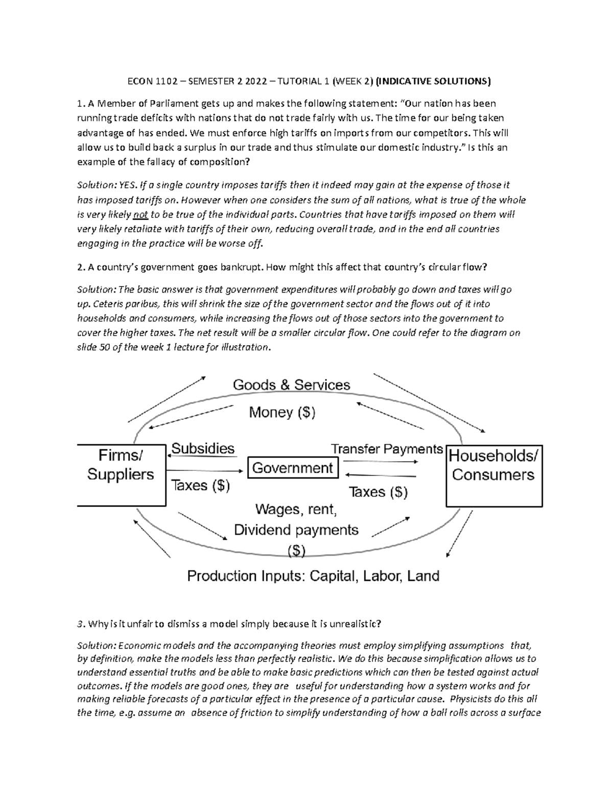 TUTE 1 - Week 2 - 2022 S2 Solutions - ECON 1102 – SEMESTER 2 2022 – TUTORIAL 1 (WEEK 2 ...