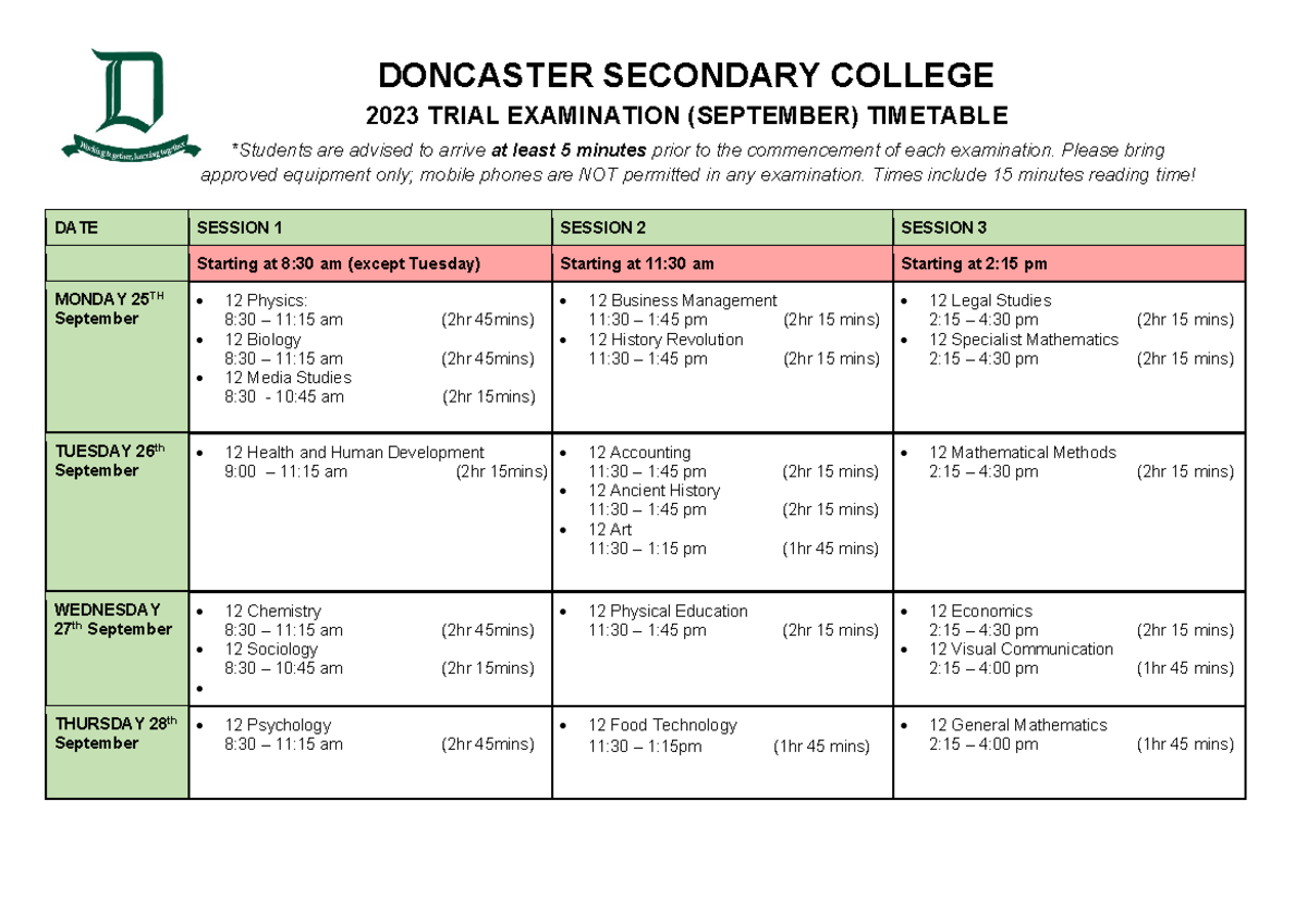 2023 Trial Examination October Timetable - DONCASTER SECONDARY COLLEGE ...