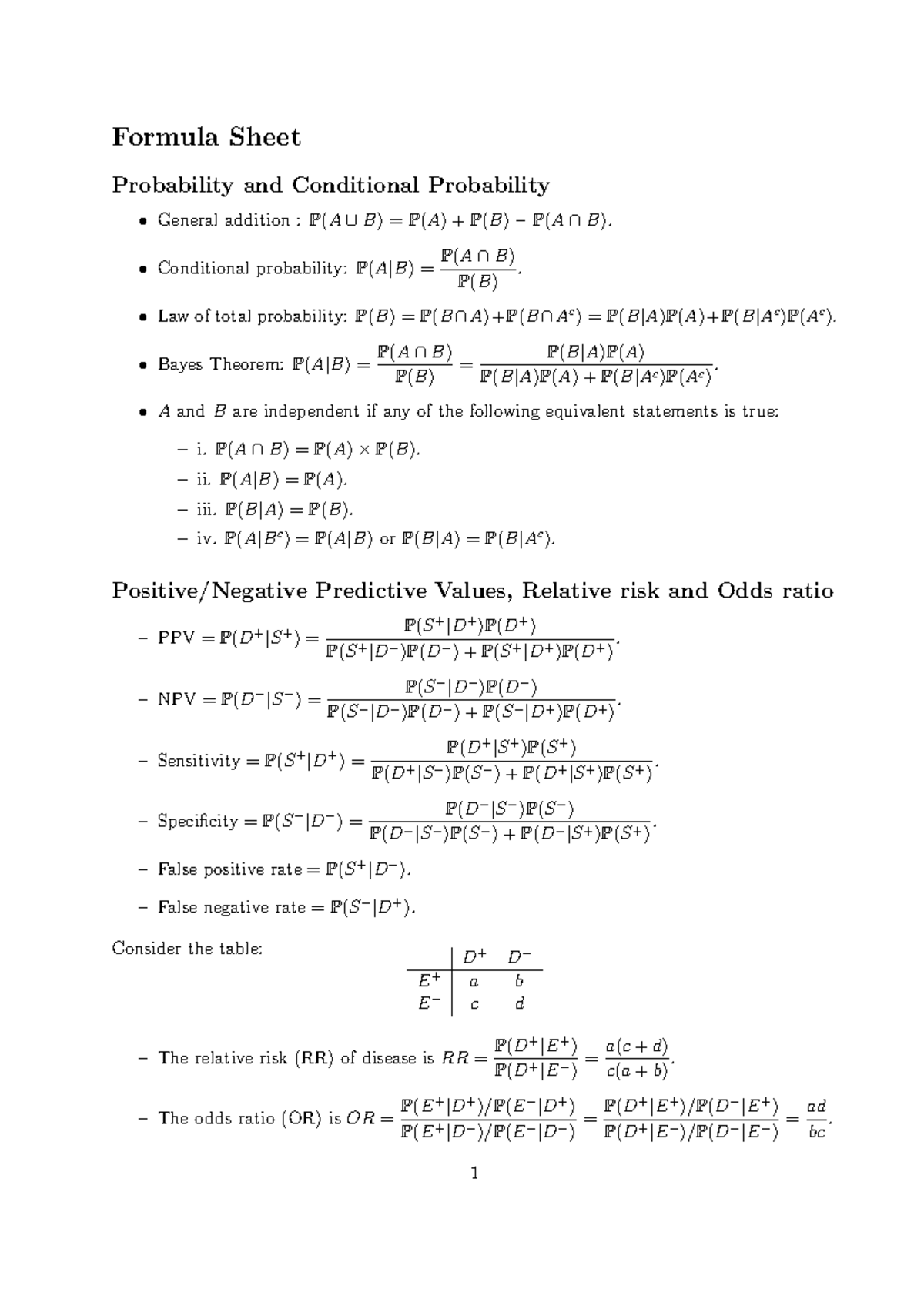 Formula Sheet - Formula Sheet Probability and Conditional Probability ...