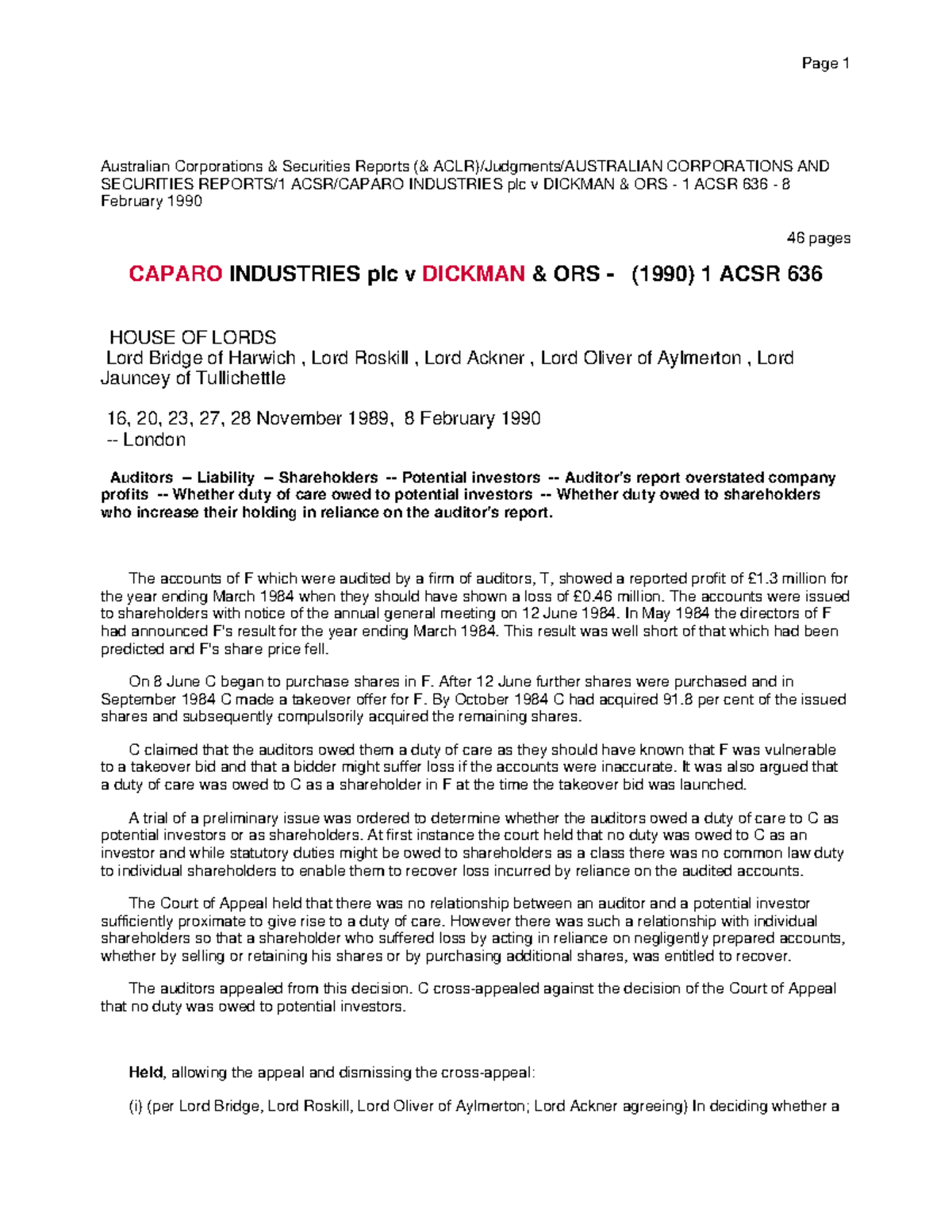 Caparo Industries plc v Dickman & ORS - 1 AC - Australian Corporations ...