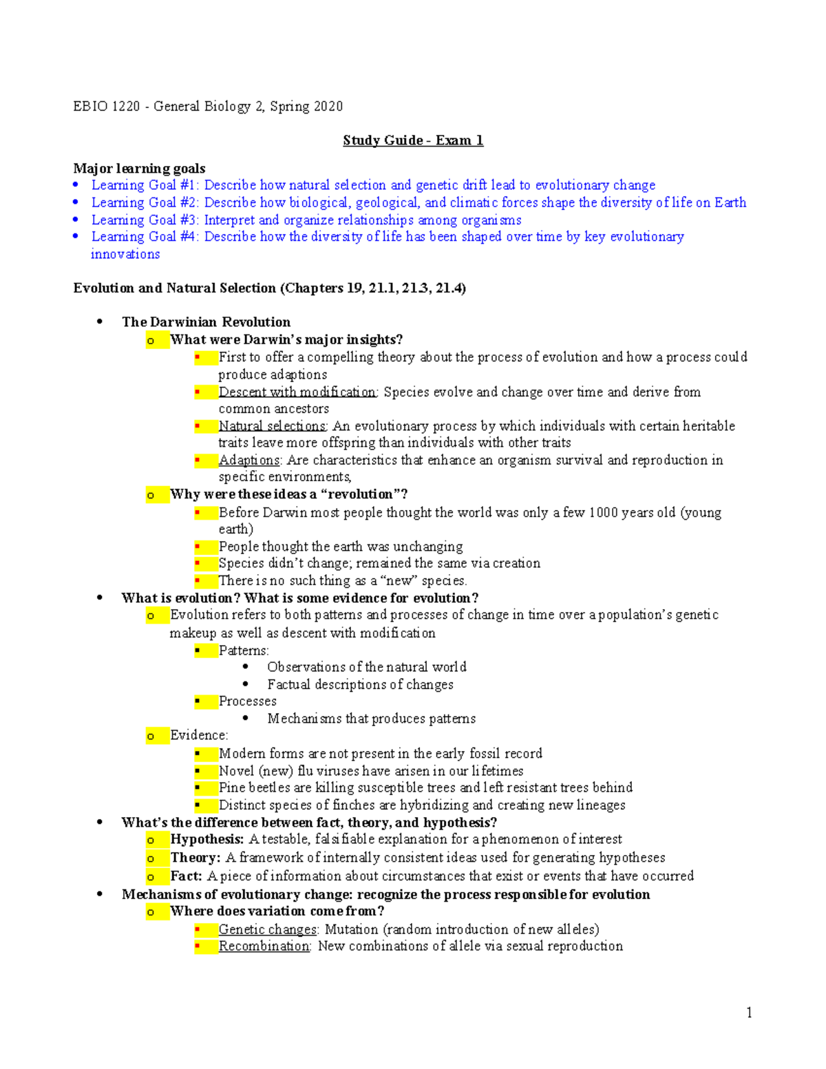 Exam 1 study guide spring 2020 - EBIO 1220 - General Biology 2, Spring ...