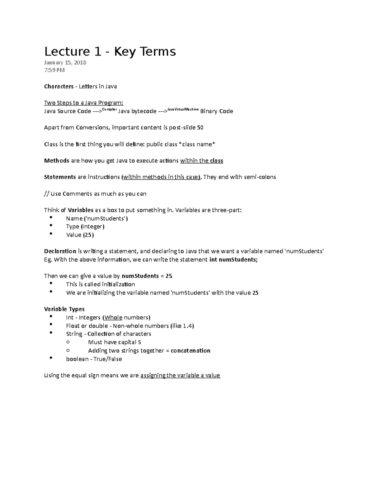 Comp 202 - Lecture notes 1-20 - Lecture 1 - Key Terms January 15, 2018 ...