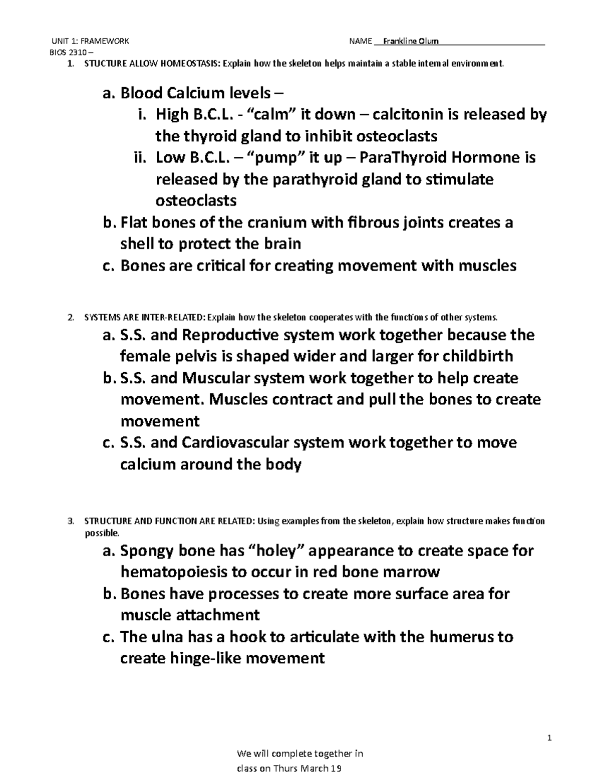 Unit 1 test - Unit 1 test - BIOS 2310 – 1. STUCTURE ALLOW HOMEOSTASIS ...