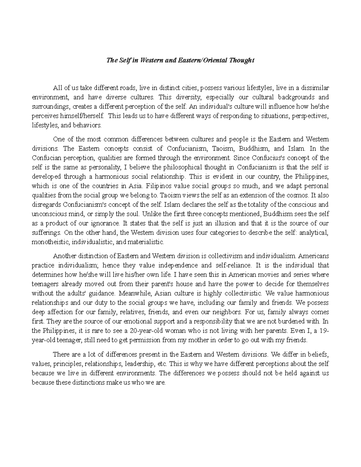 Lesson 4 reflection - western - The Self in Western and Eastern ...