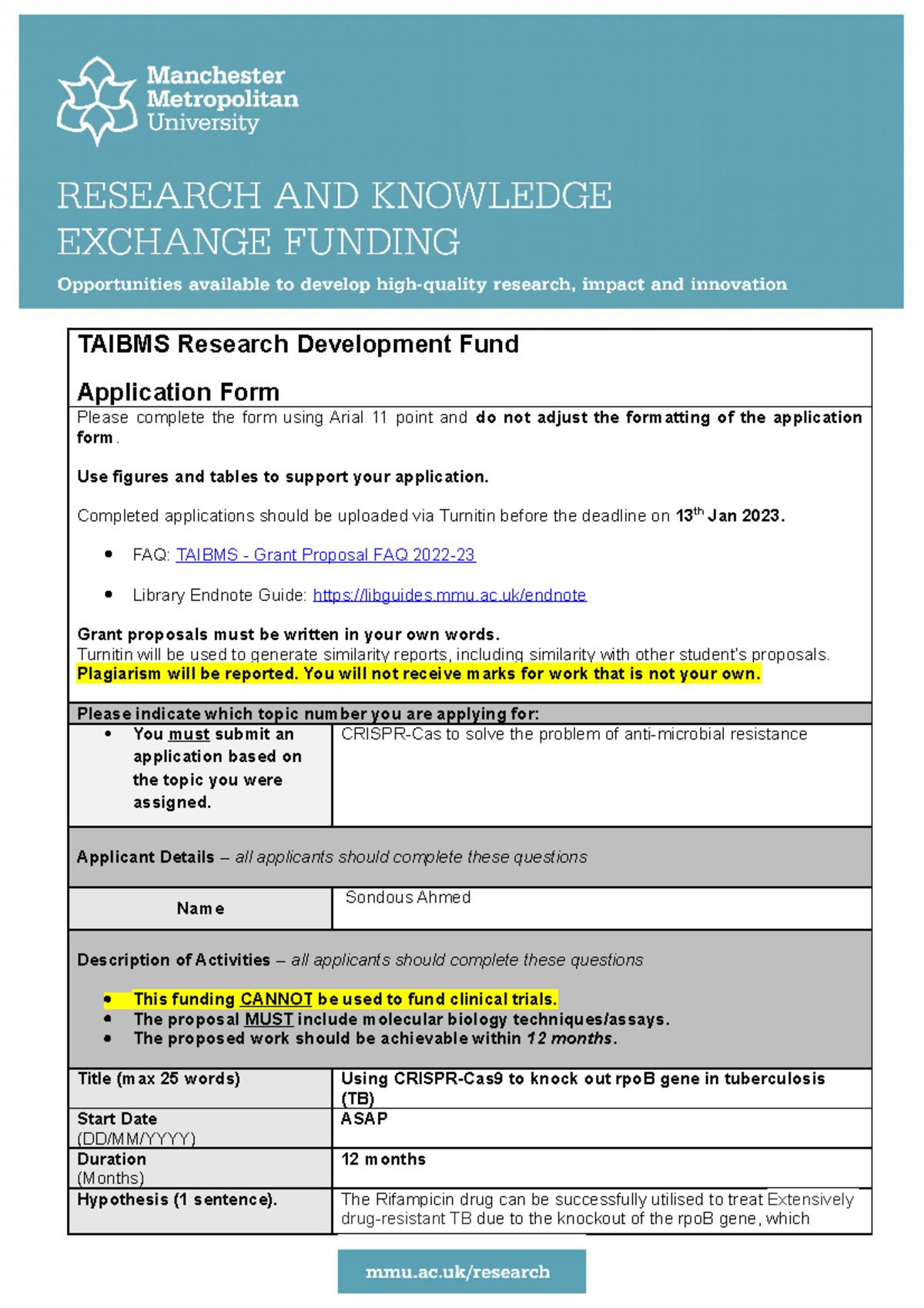 Grant proposal - CRISPR-CAS - TAIBMS Research Development Fund Application Form Please complete ...