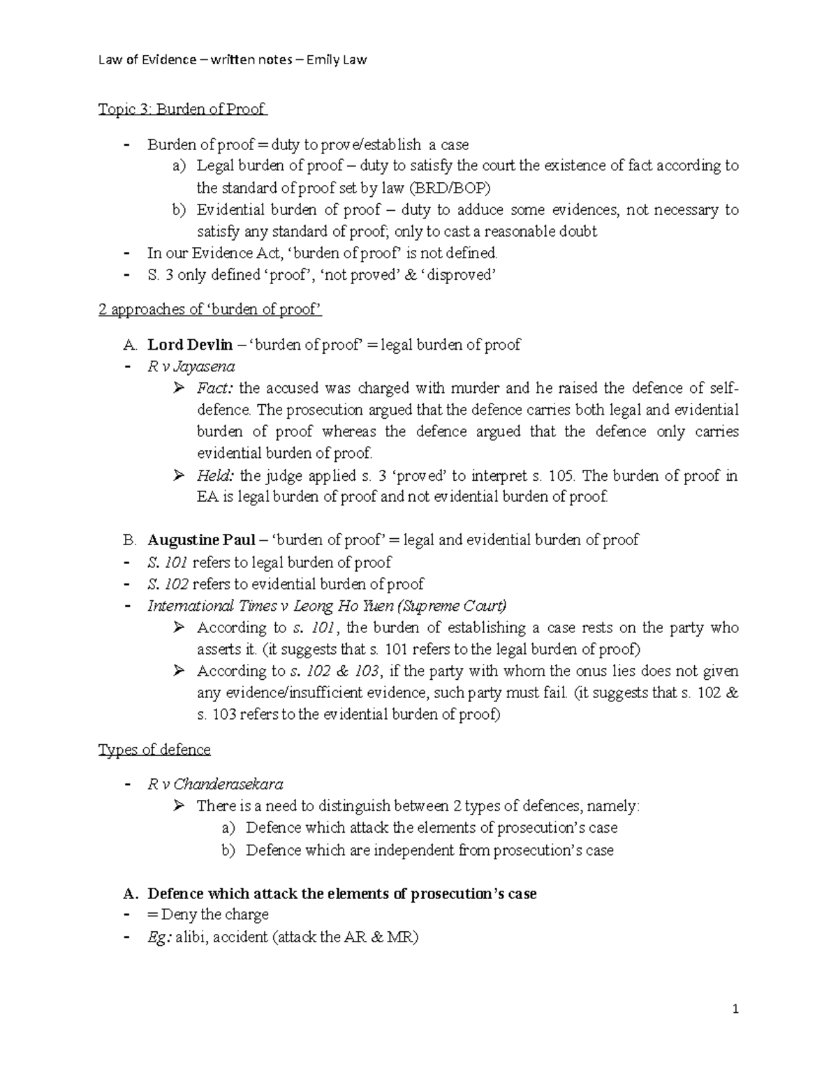 Written Notes Topic 3 - burden of proof - Topic 3: Burden of Proof ...