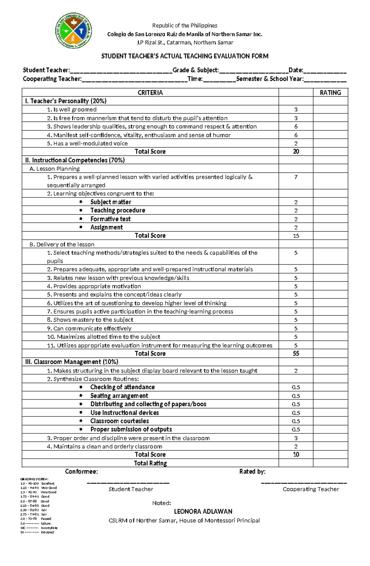 Actual teaching grading sheet - GRADING SYSTEM: 1 – 96-100 Excellent 1 ...