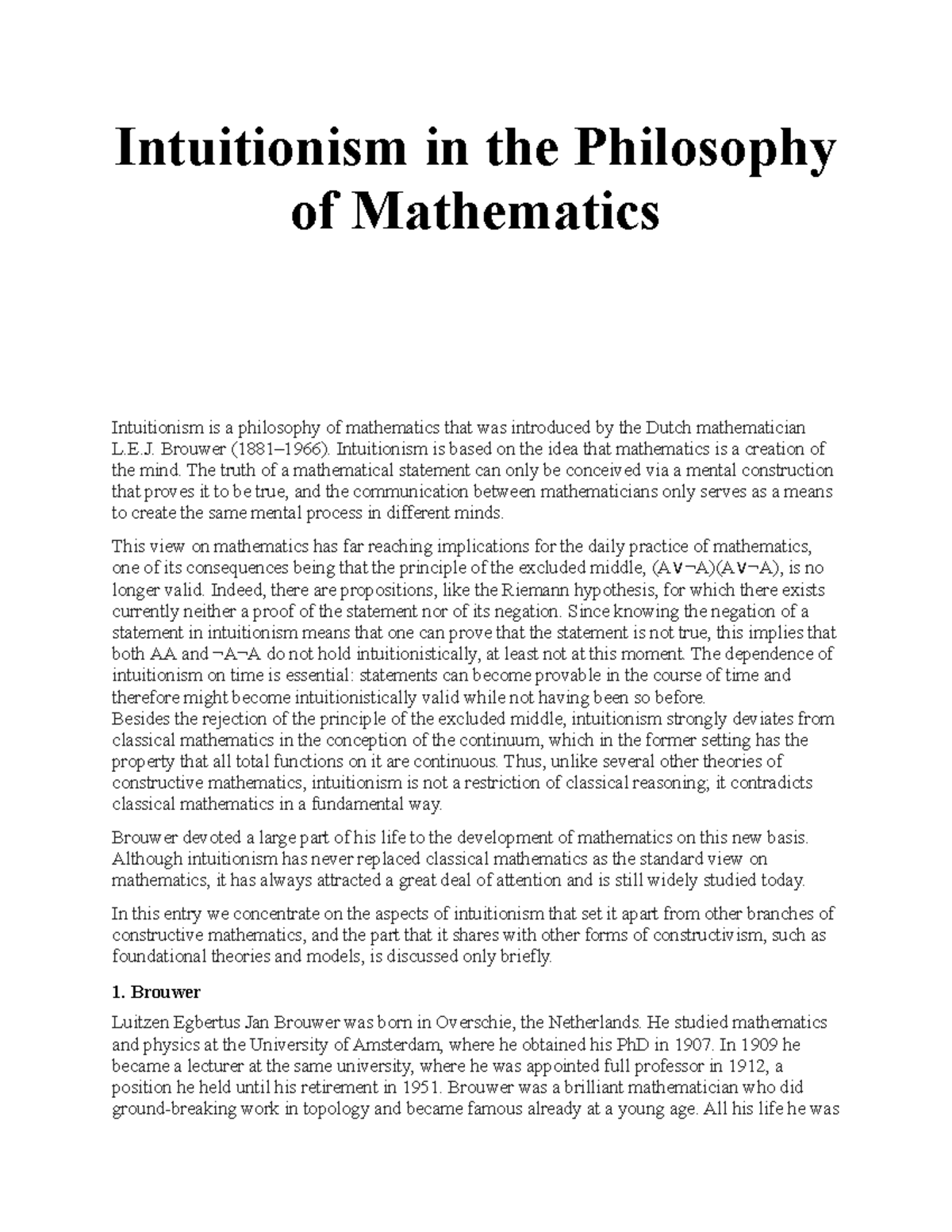 Lecture 42 Intuitionism in the Philosophy of Mathematics - Intuitionism ...