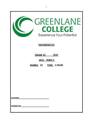 Grade 9 Maths TERM 3 TEST - TERM 3 SCHOOL: GREENLANE COLLEGE SUBJECT ...