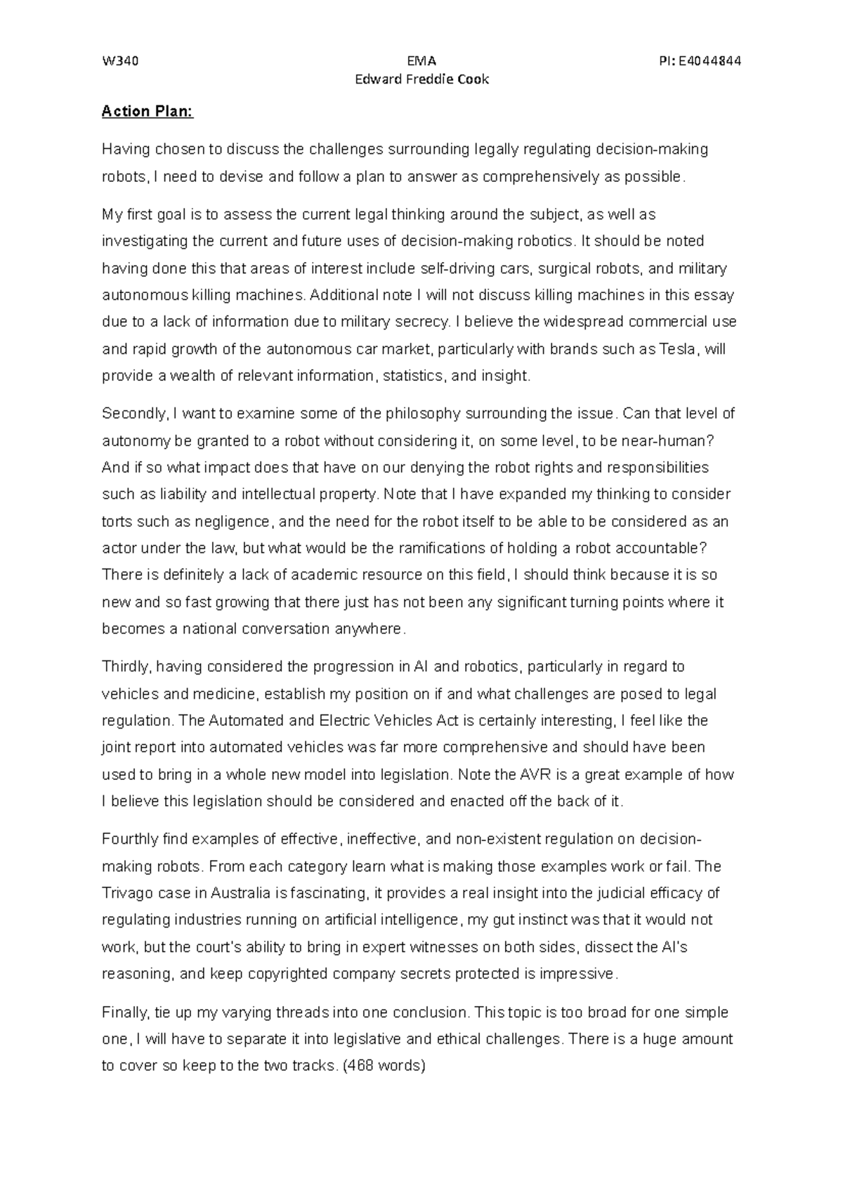 W340 EMA - W340 EMA - Edward Freddie Cook Action Plan: Having chosen to ...