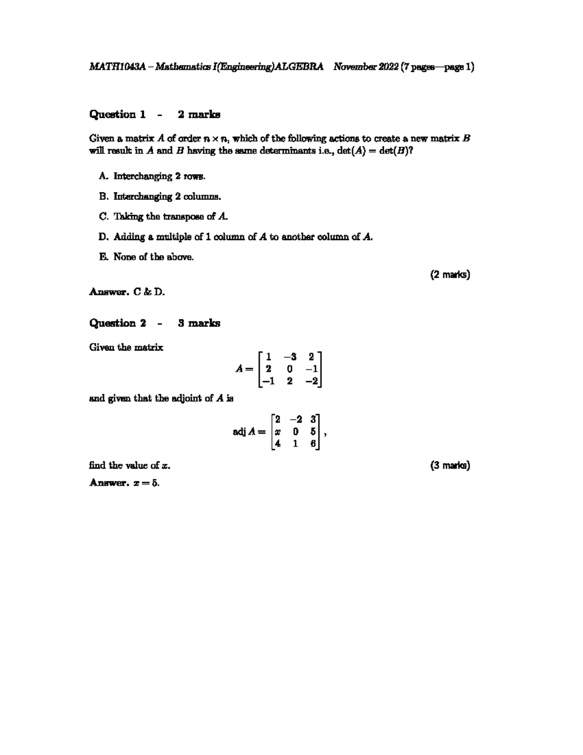MATH1043 Algebra Nov exam 2022 memo short - MATH1043 - Studocu