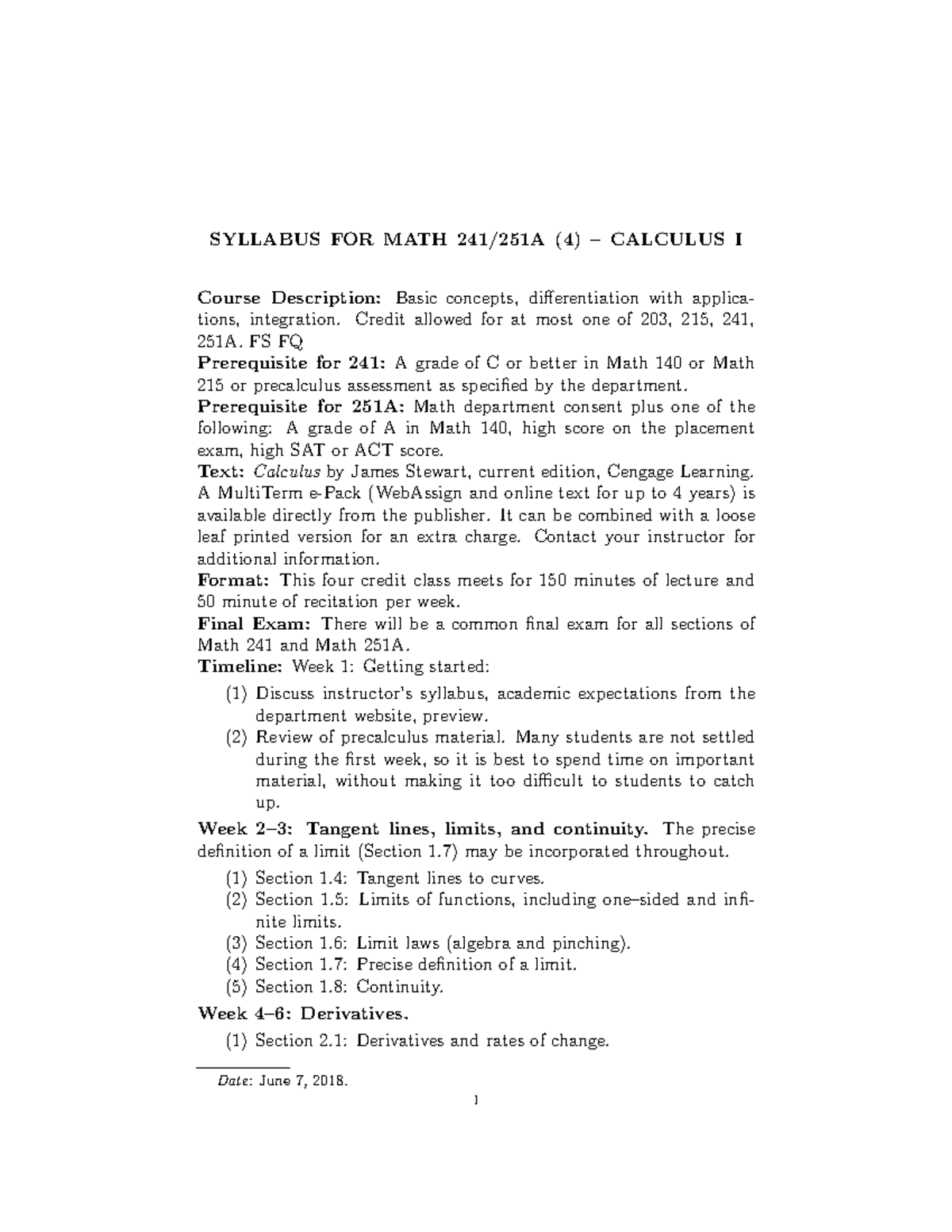 Syllabus-241 - SYLLABUS FOR MATH 241/251A (4) – CALCULUS I Course ...