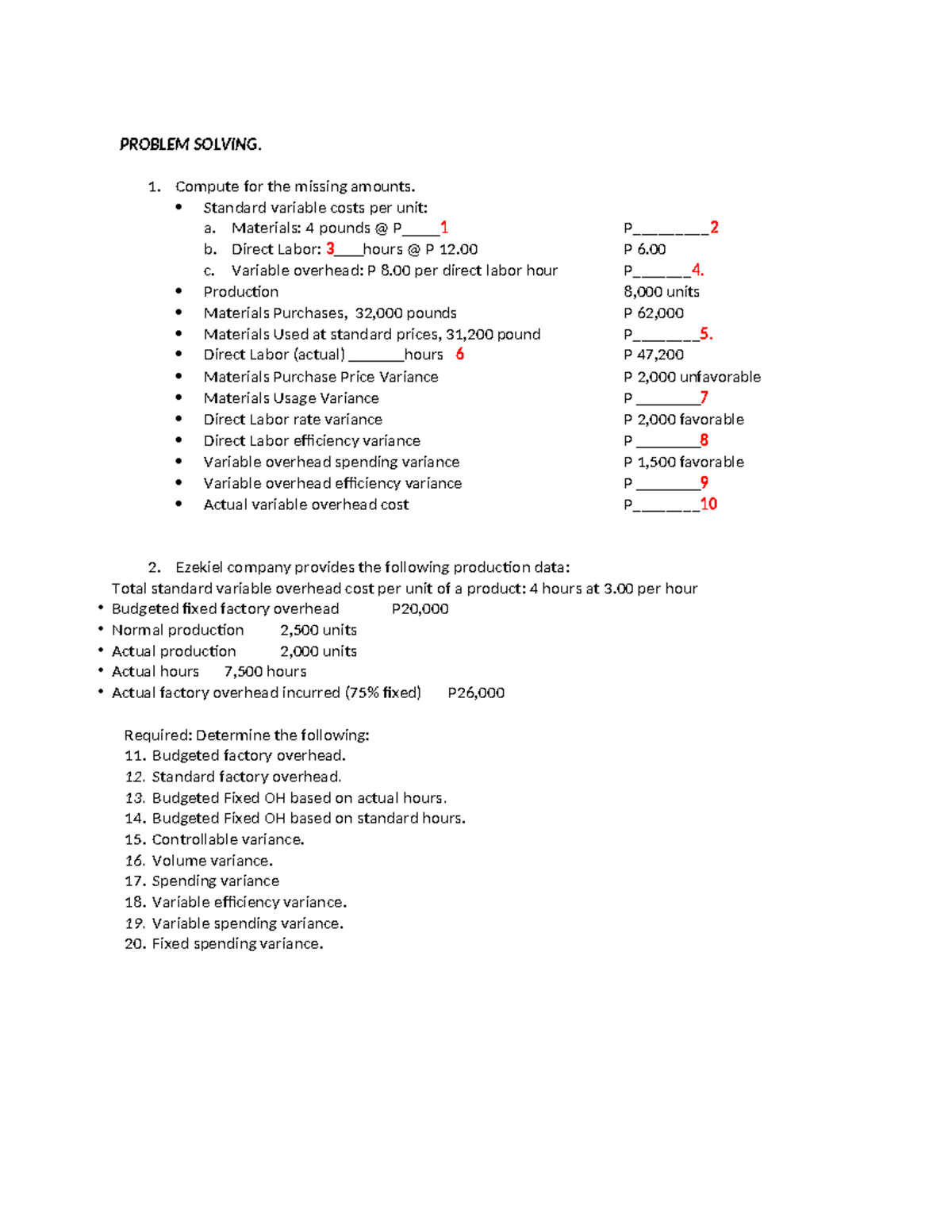 Midterm-Quiz - Midterm-Quiz - PROBLEM SOLVING. Compute for the missing amounts. Standard ...