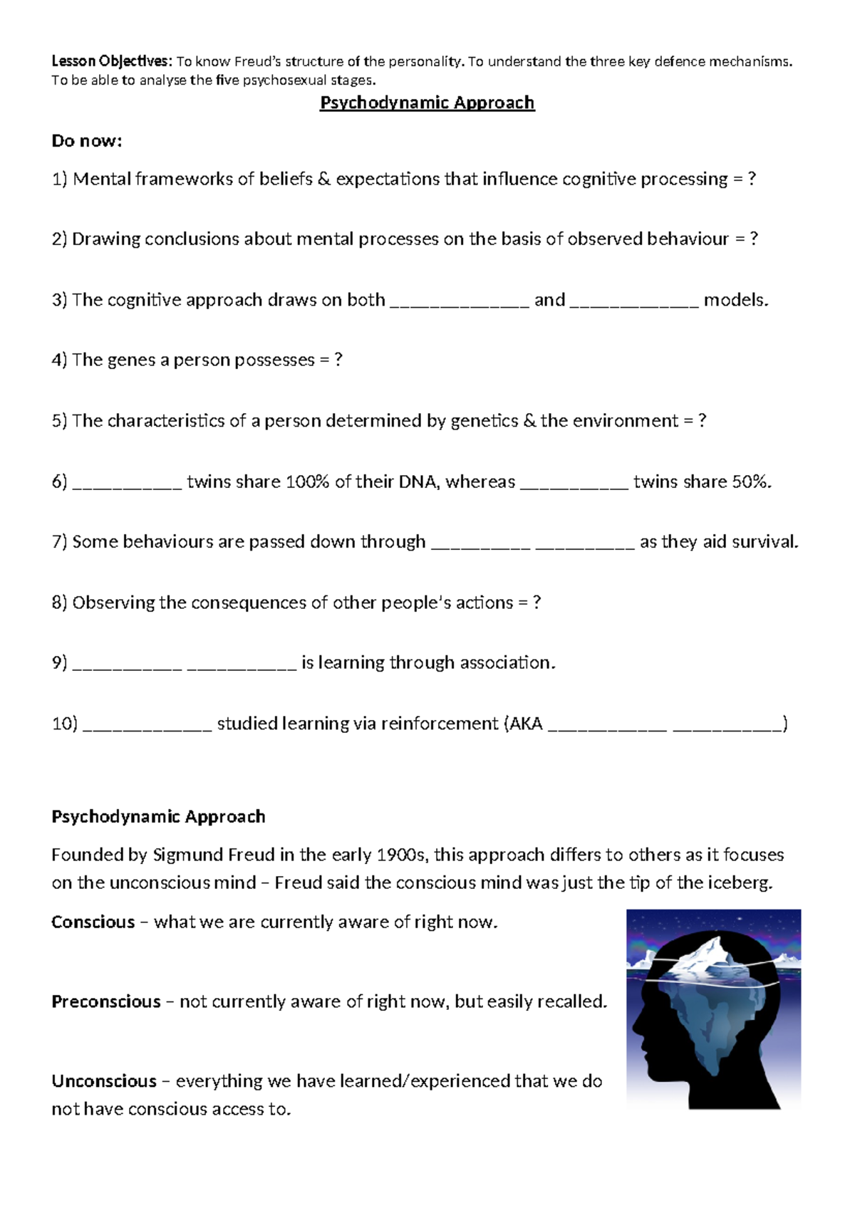 Psychodynamic Approach workpack copy - To be able to analyse the five ...