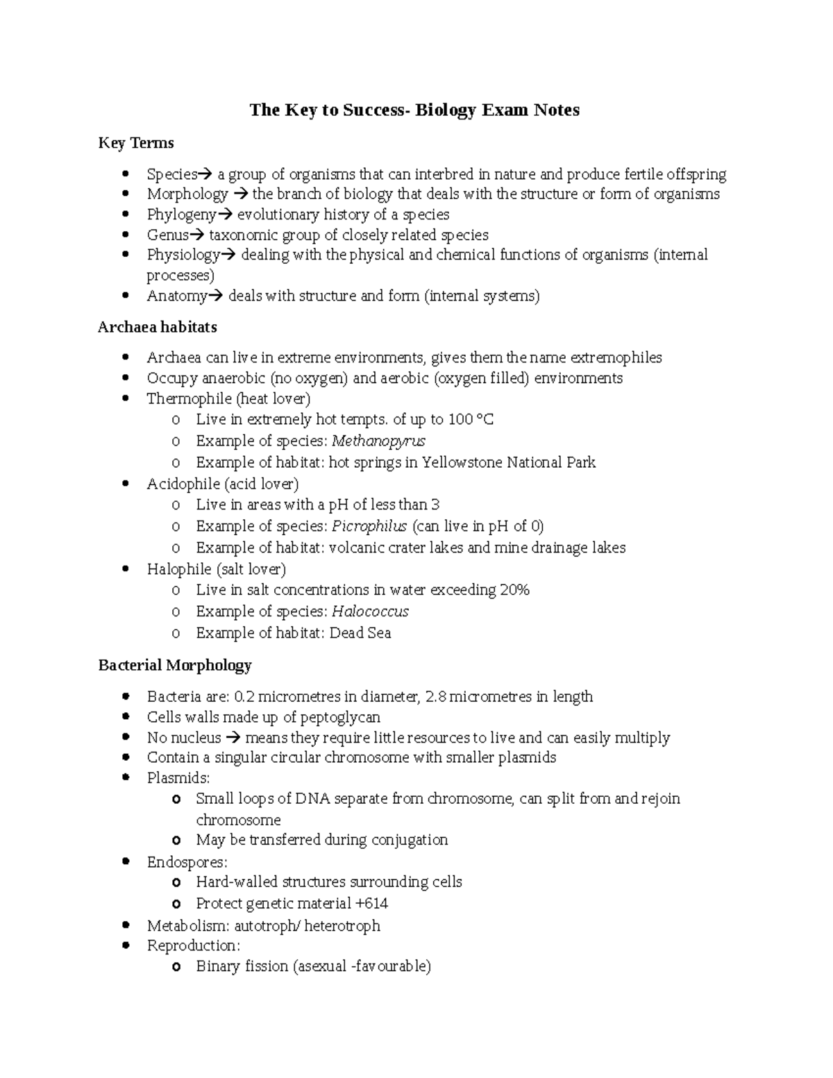 Bio Exam Notes 1 Bio Exam Notes 1 The Key To Success Biology Exam Notes Key Terms Species A 