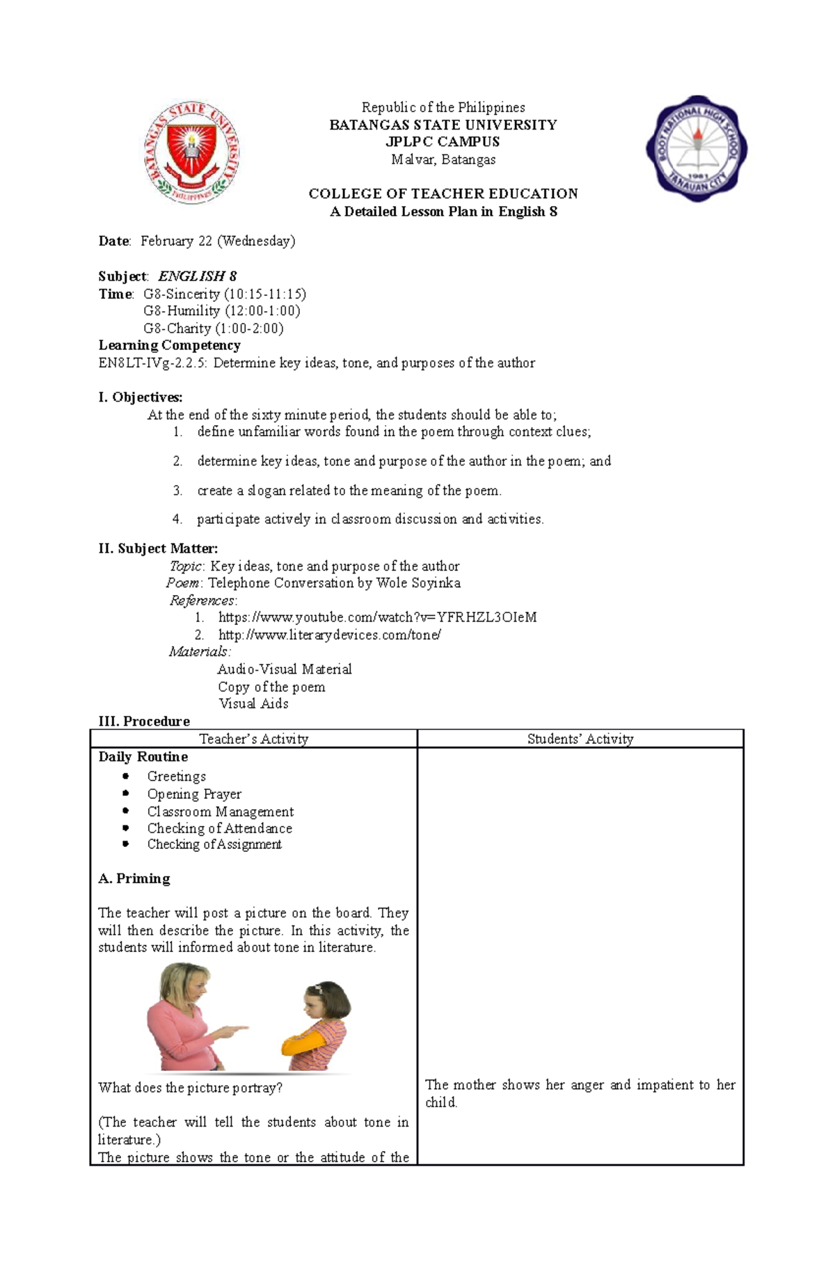 Lesson Plan Telephone Conversation by Wo - Republic of the Philippines ...