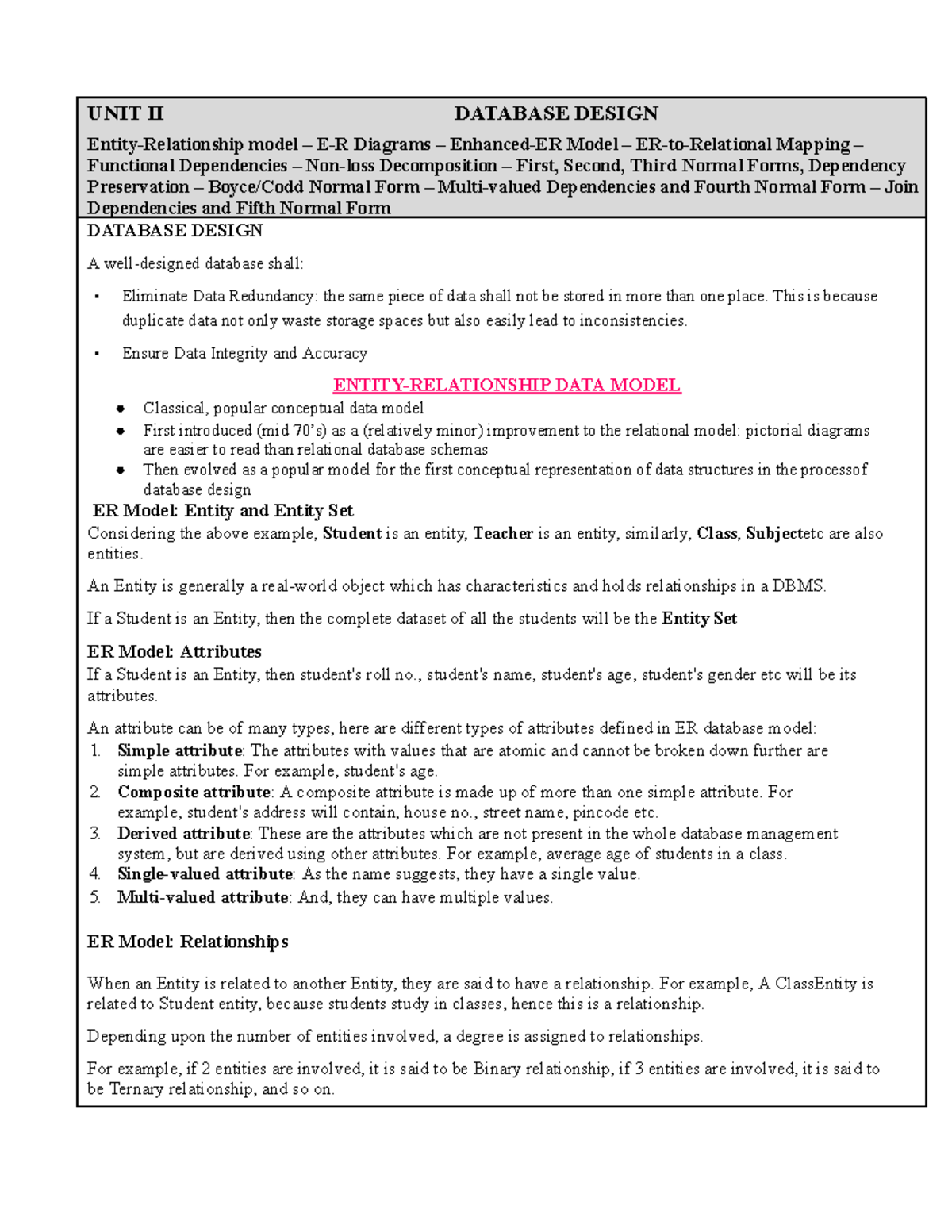 DBMS UNIT 2 - Nice - UNIT II DATABASE DESIGN Entity-Relationship model – E-R Diagrams – Enhanced ...