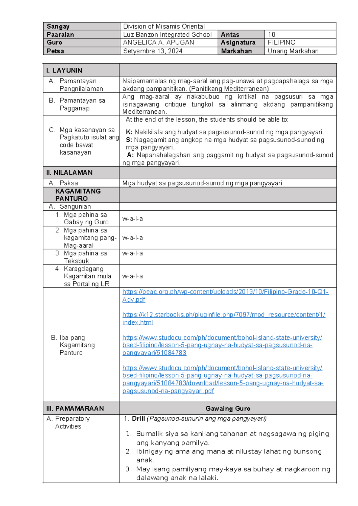 2024-2025 COT1-Filipino 10-Q1-4As Strategy- Final Lesson PLAN - Sangay ...