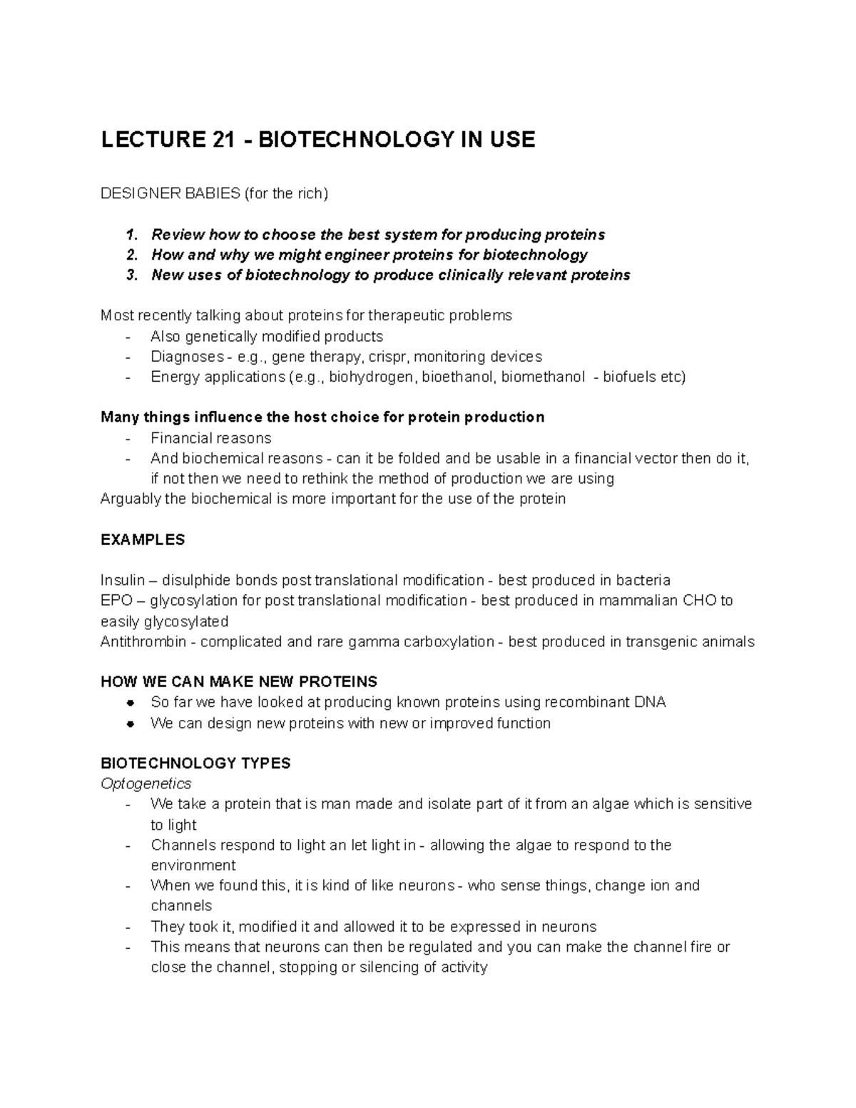 21-26 - lectures 21-26 - LECTURE 21 - BIOTECHNOLOGY IN USE DESIGNER BABIES (for the rich) Review ...