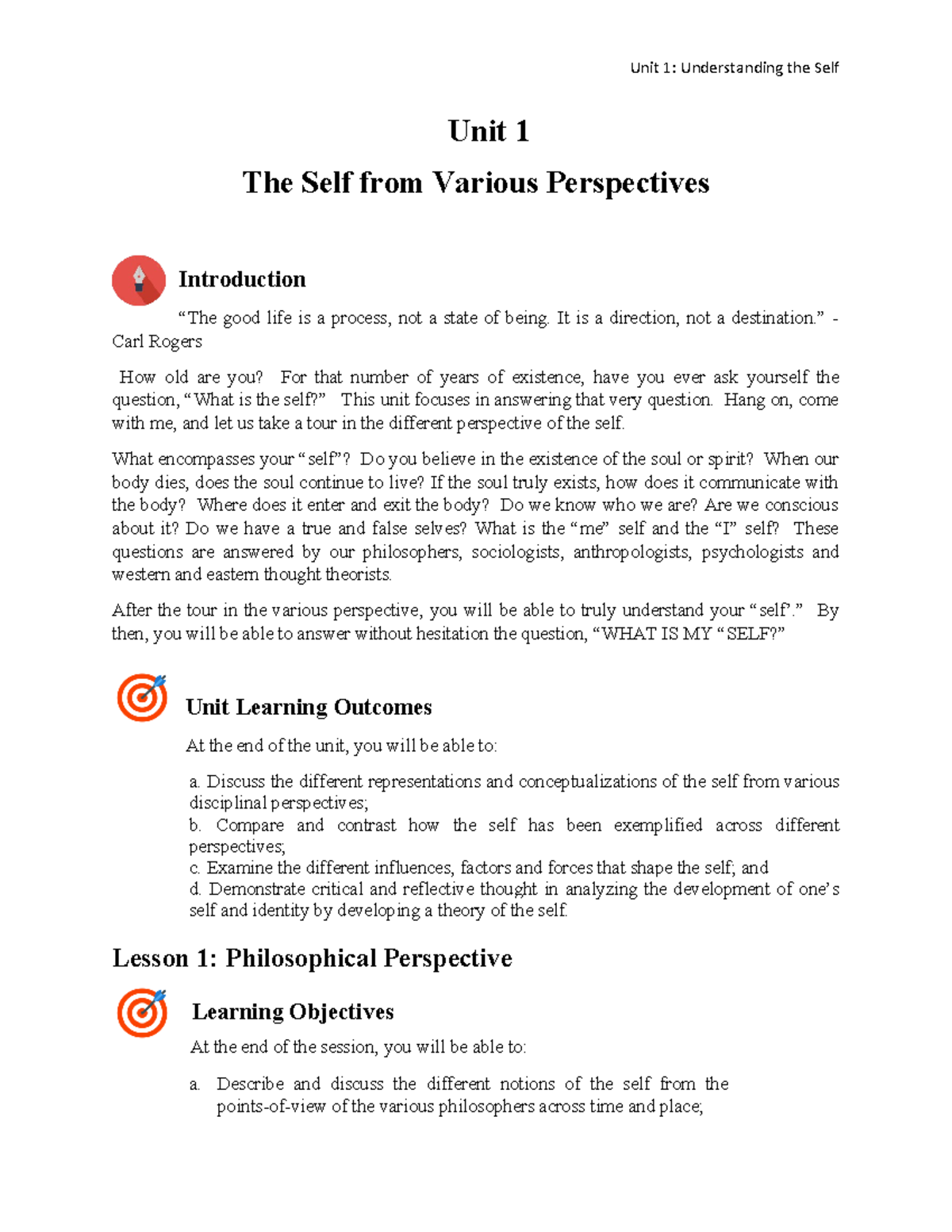 understanding the self - Unit 1 The Self from Various Perspectives Introduction “The good life ...
