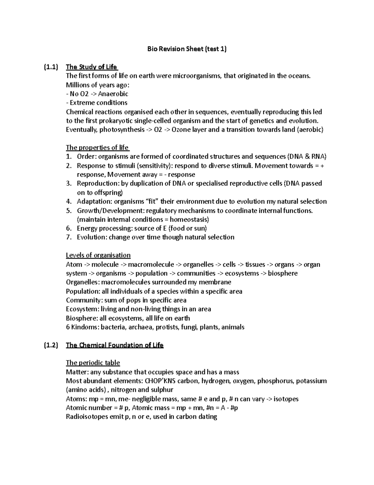Bio Revision Sheet - Summary of the material on the first midterm of ...