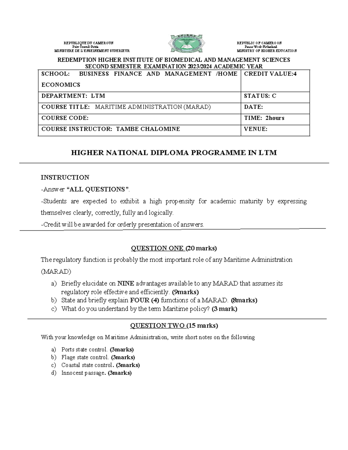 Second Semester EXAM Maritime Administration HND 300 - REPUBLIQUE DU CAMEROUN REPUBLIC OF ...