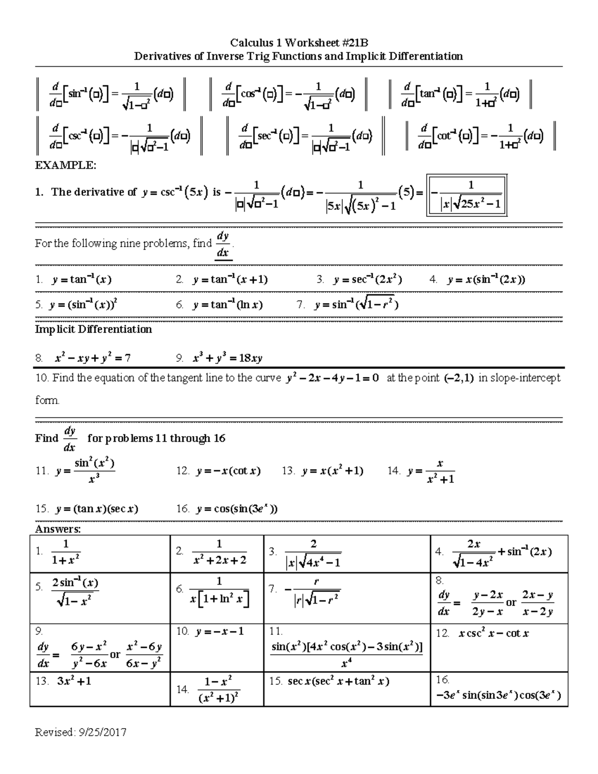 AB ws 021B Deriv Inverse trigeeeeeeeeeeeeeeeeeee - Calculus 1 Worksheet ...