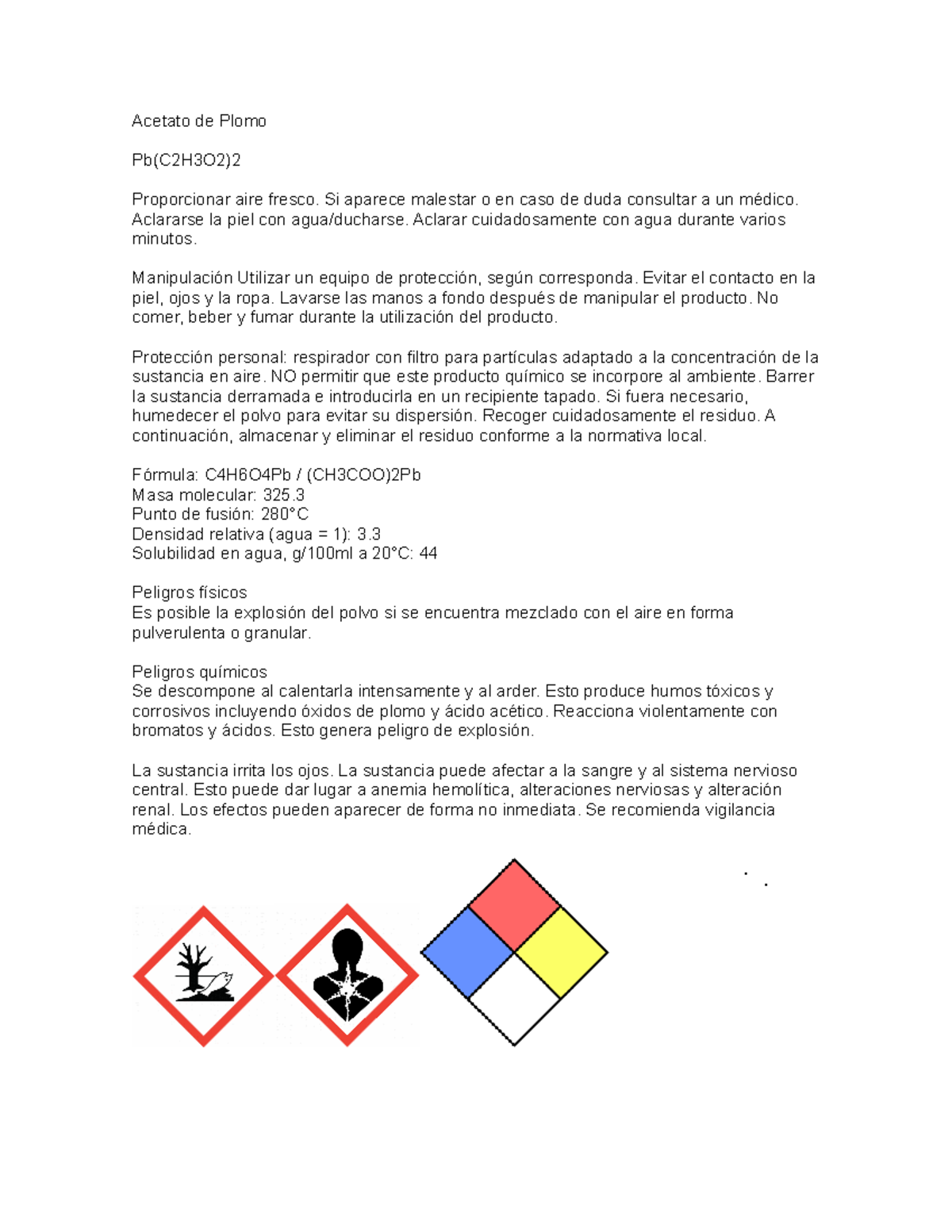 Acetato de Plomo - Acetato de Plomo Pb(C2H3O2) Proporcionar aire fresco ...