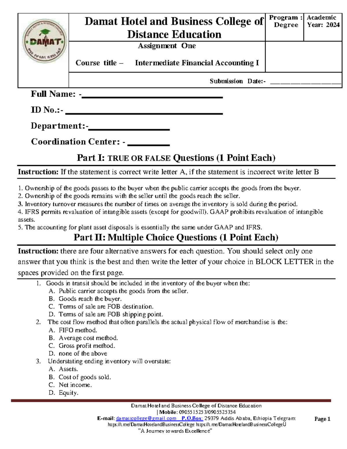 Intermediate Financial Accounting I Assignment - Damat Hotel and ...