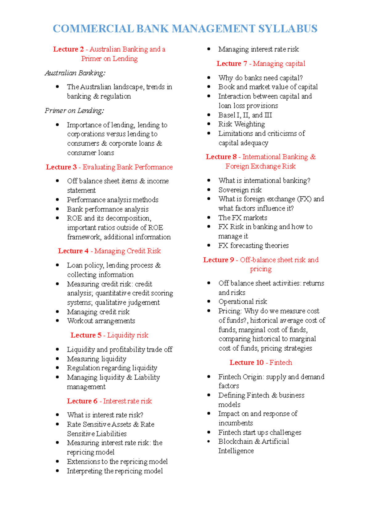Syllabus CBM - COMMERCIAL BANK MANAGEMENT SYLLABUS Lecture 2 ...