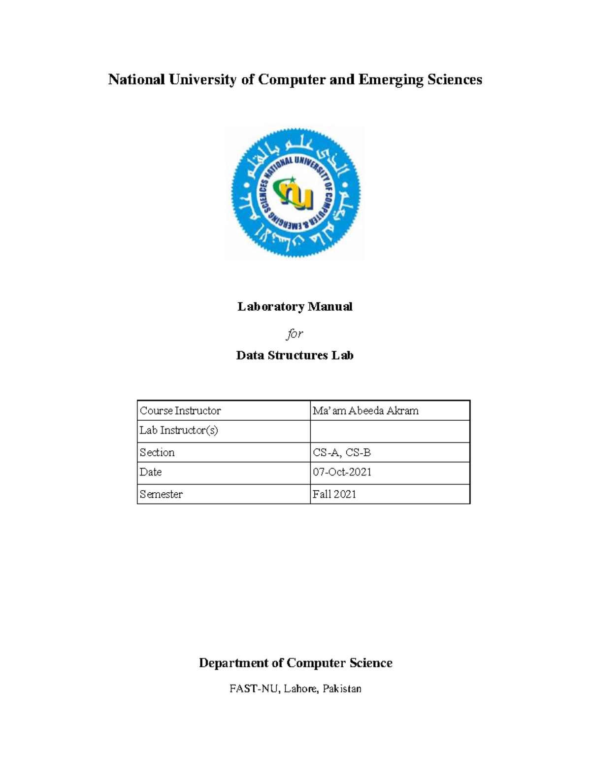 Data Structures CS 202 Lab Manual-03 - National University of Computer ...