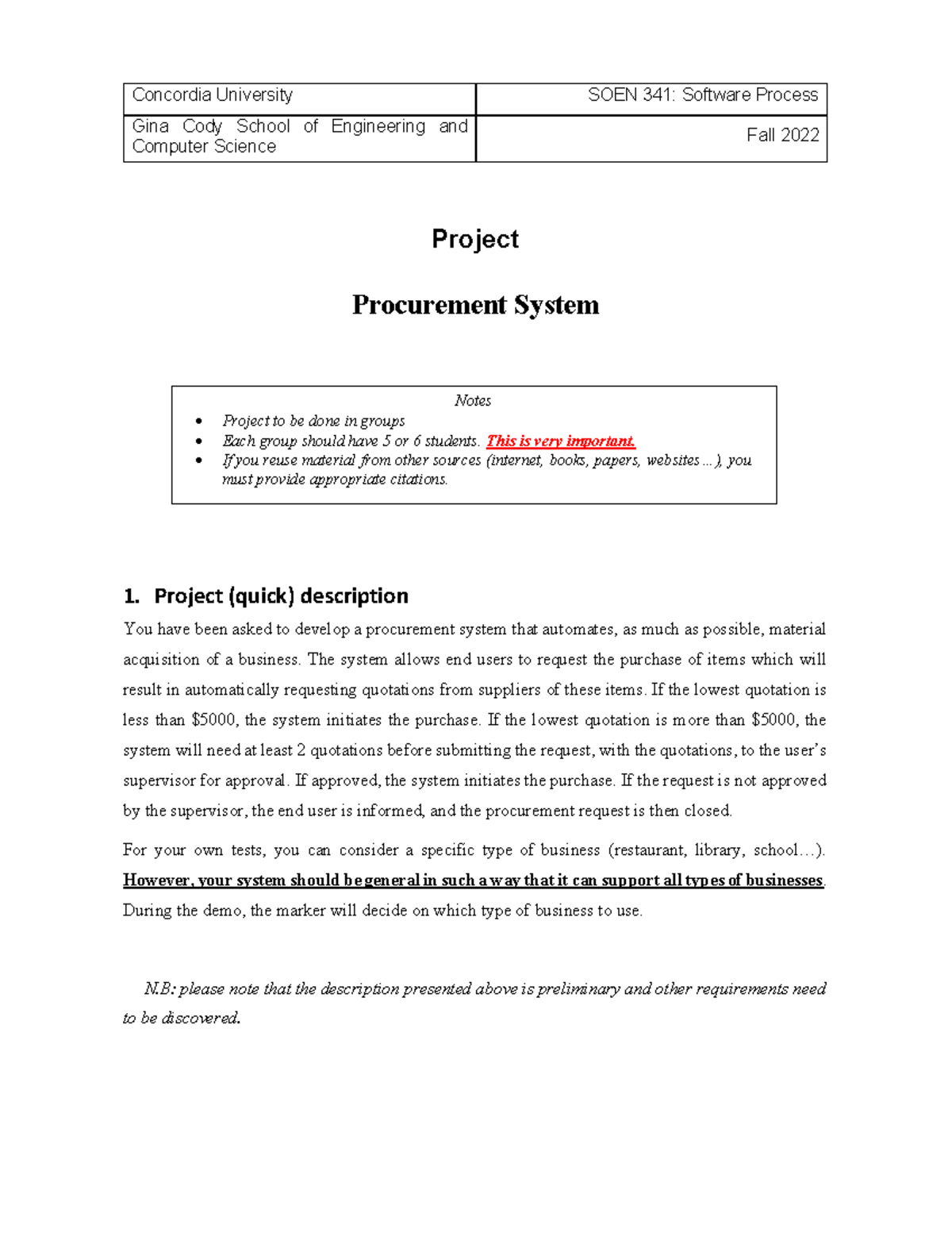 SOEN 247 - Fall 2022 - Project Description - Concordia University SOEN 341: Software Process ...