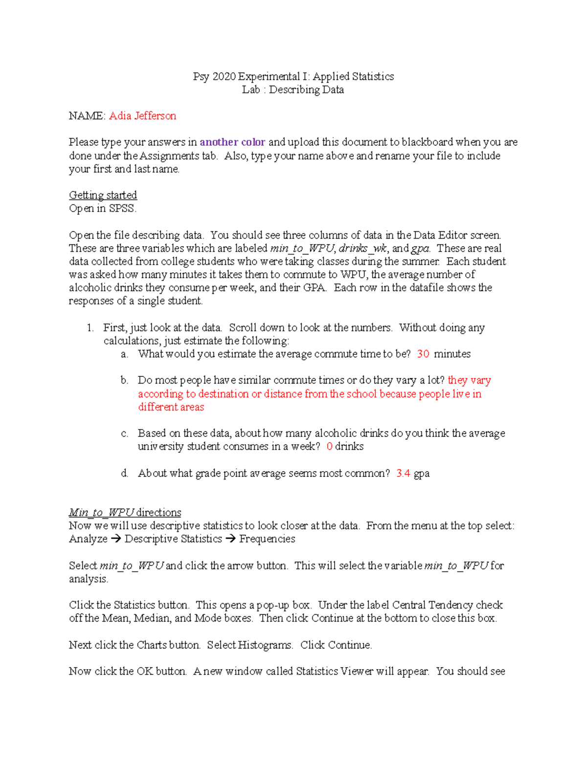 Lab Describing data - Psy 2020 Experimental I: Applied Statistics Lab : Describing Data NAME ...